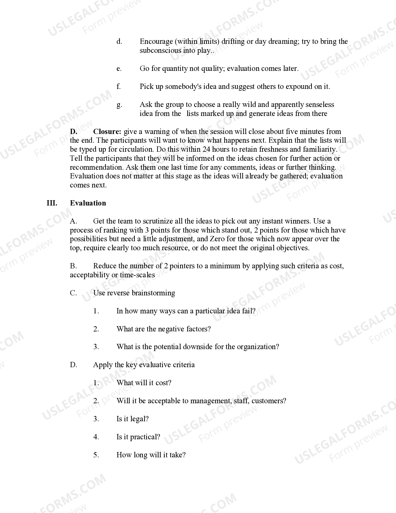 Checklist ??? Conducting a Brainstorming Session | US Legal Forms