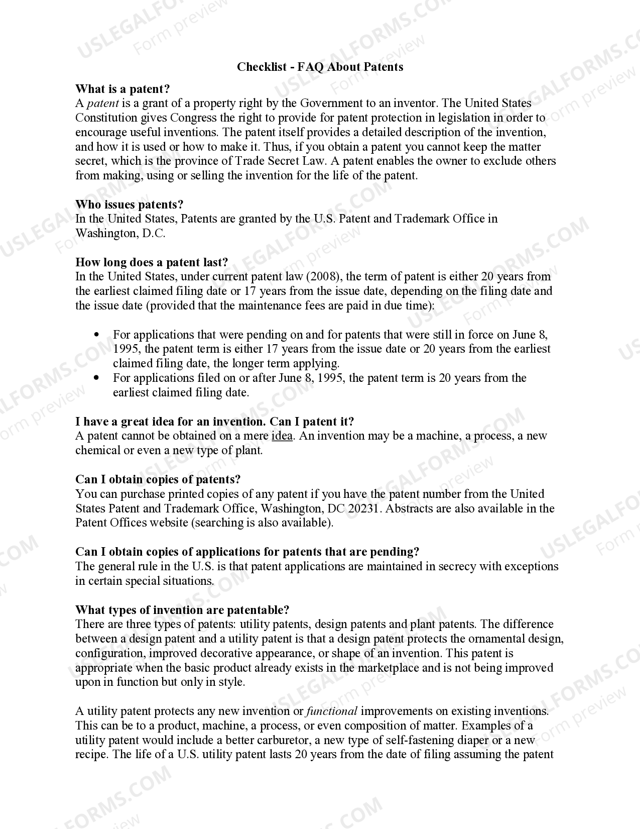 Checklist ??? FAQ About Patents | US Legal Forms