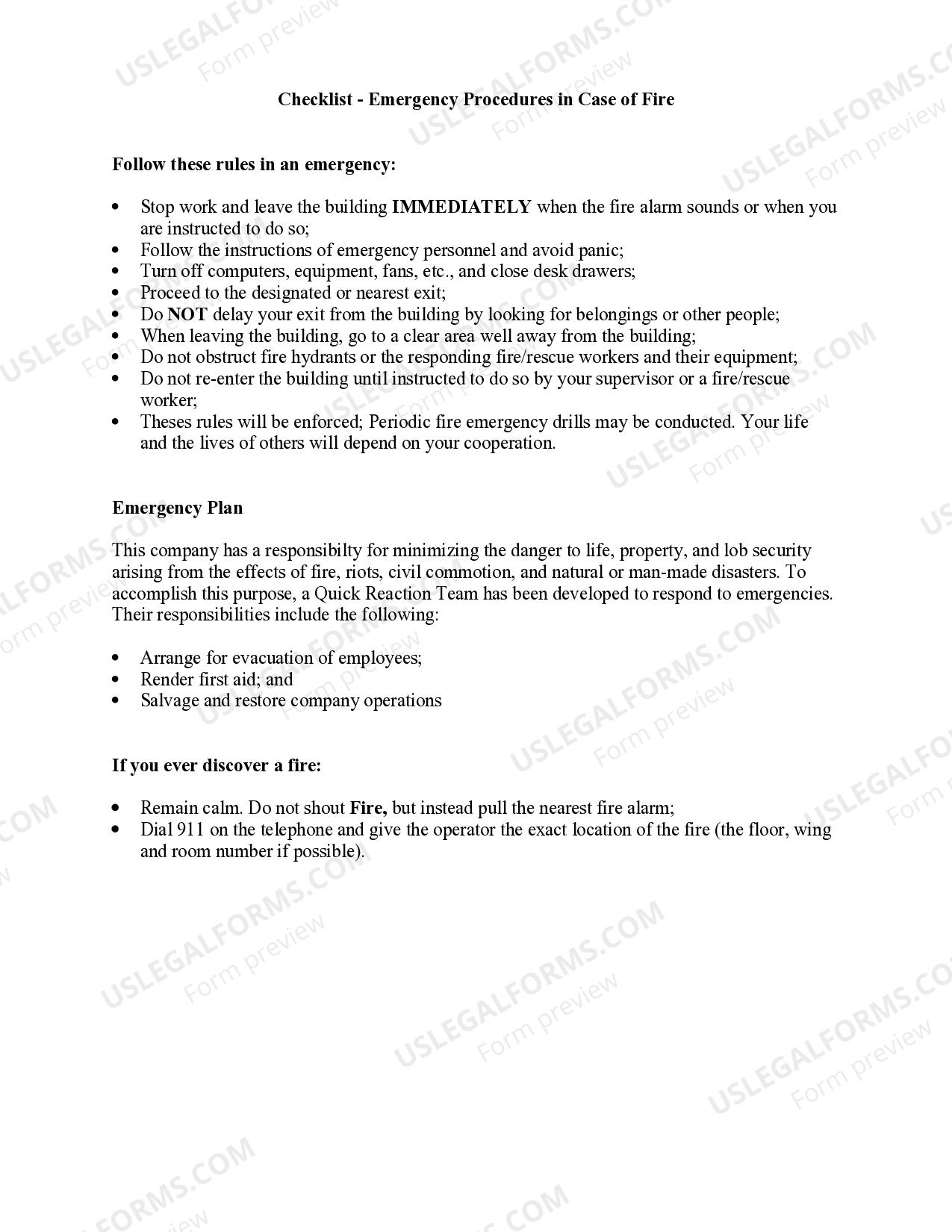 Checklist ??? Emergency Procedures in Case of Fire | US Legal Forms