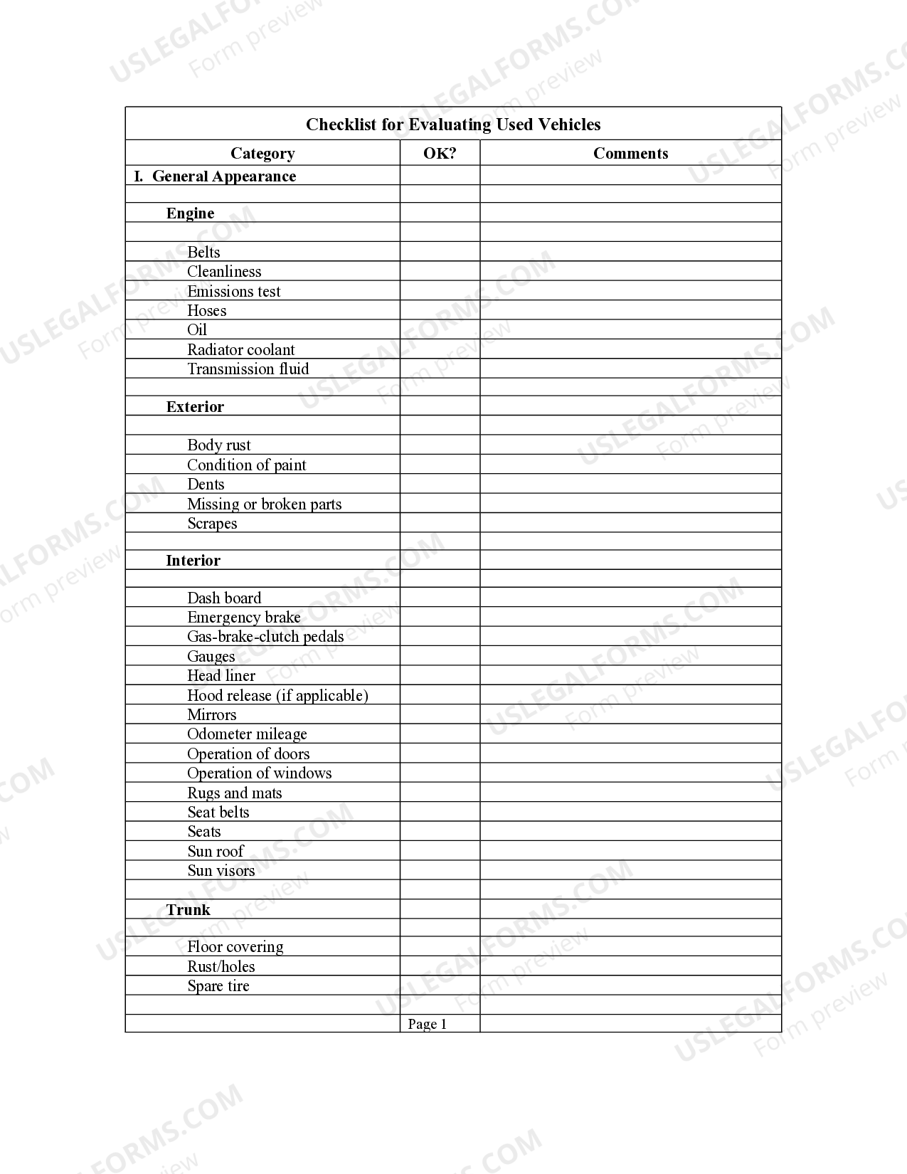 Checklist for Evaluating Used Vehicles | US Legal Forms