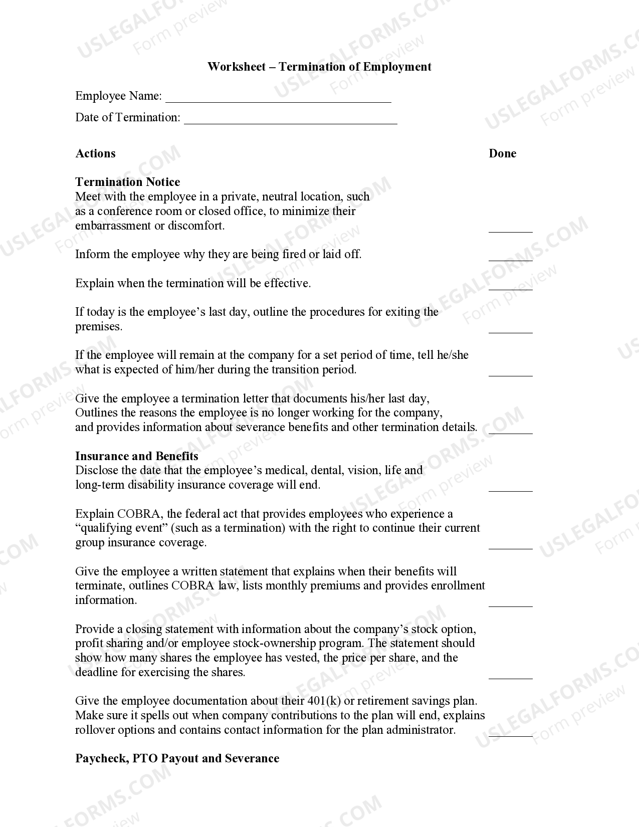 Worksheet ??? Termination of Employment | US Legal Forms
