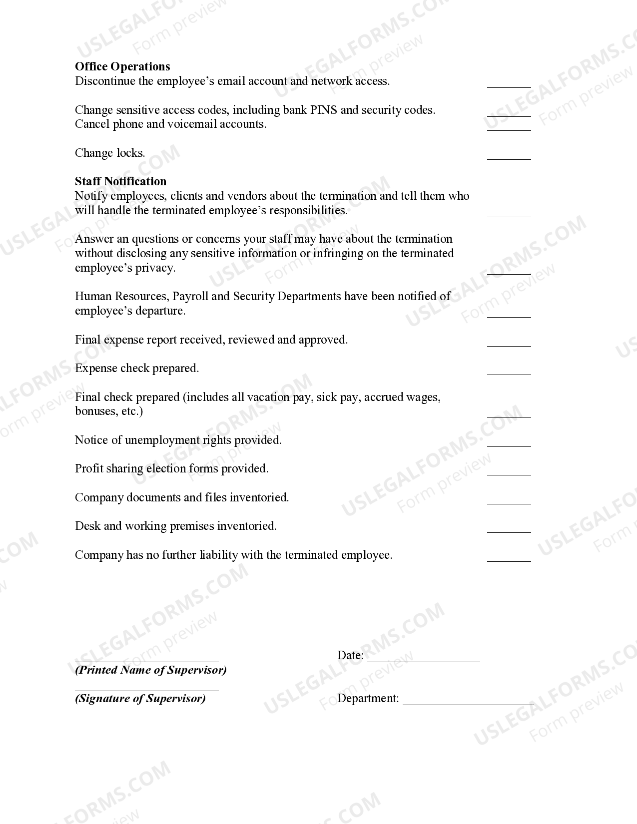 Worksheet ??? Termination of Employment | US Legal Forms