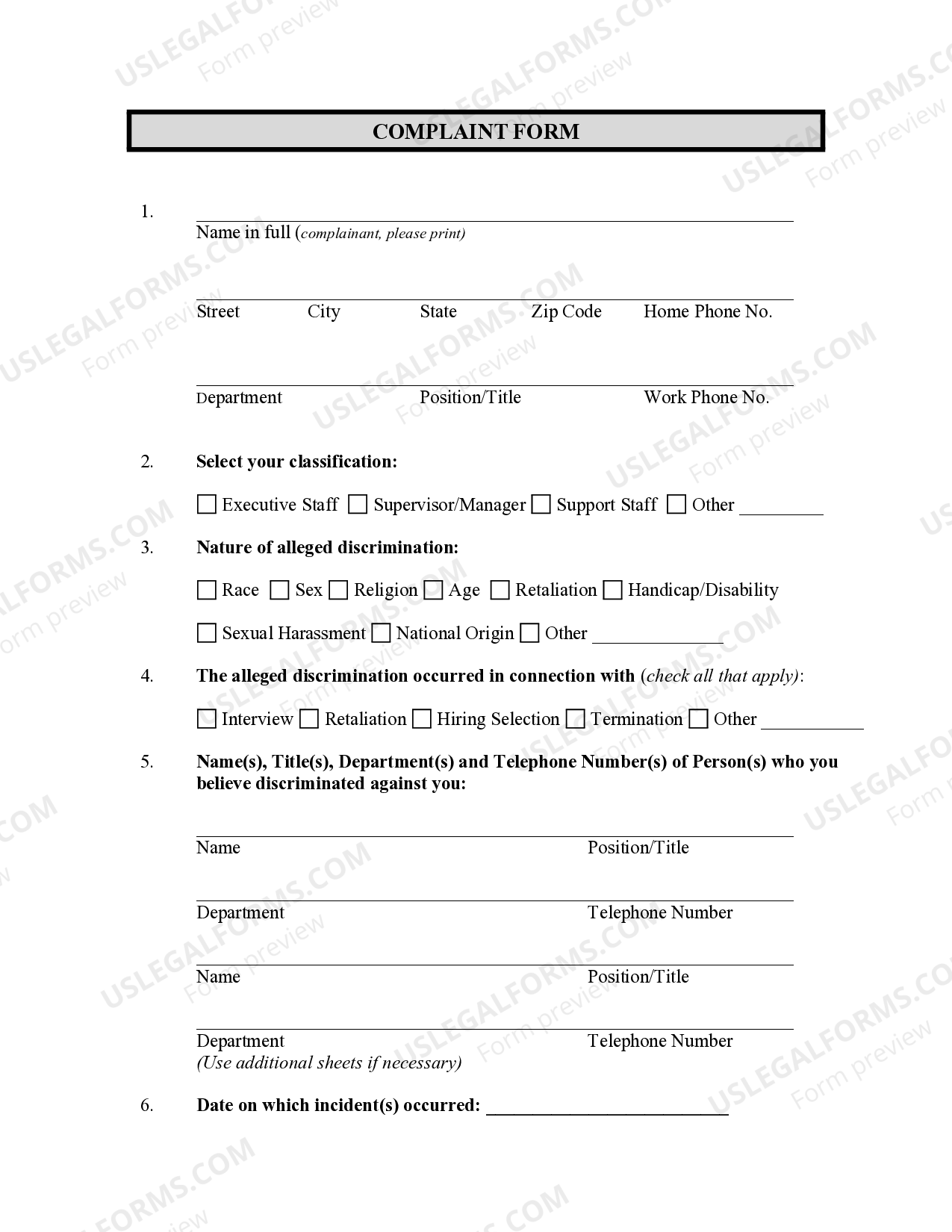 Discrimination Complaint Form for Employee to Employer Company ...