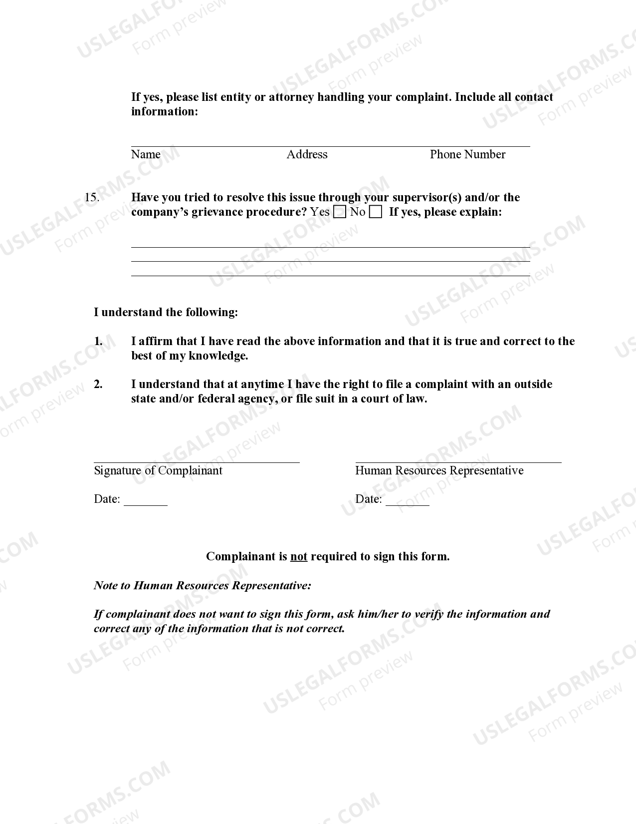 Discrimination Complaint Form for Employee to Employer Company ...