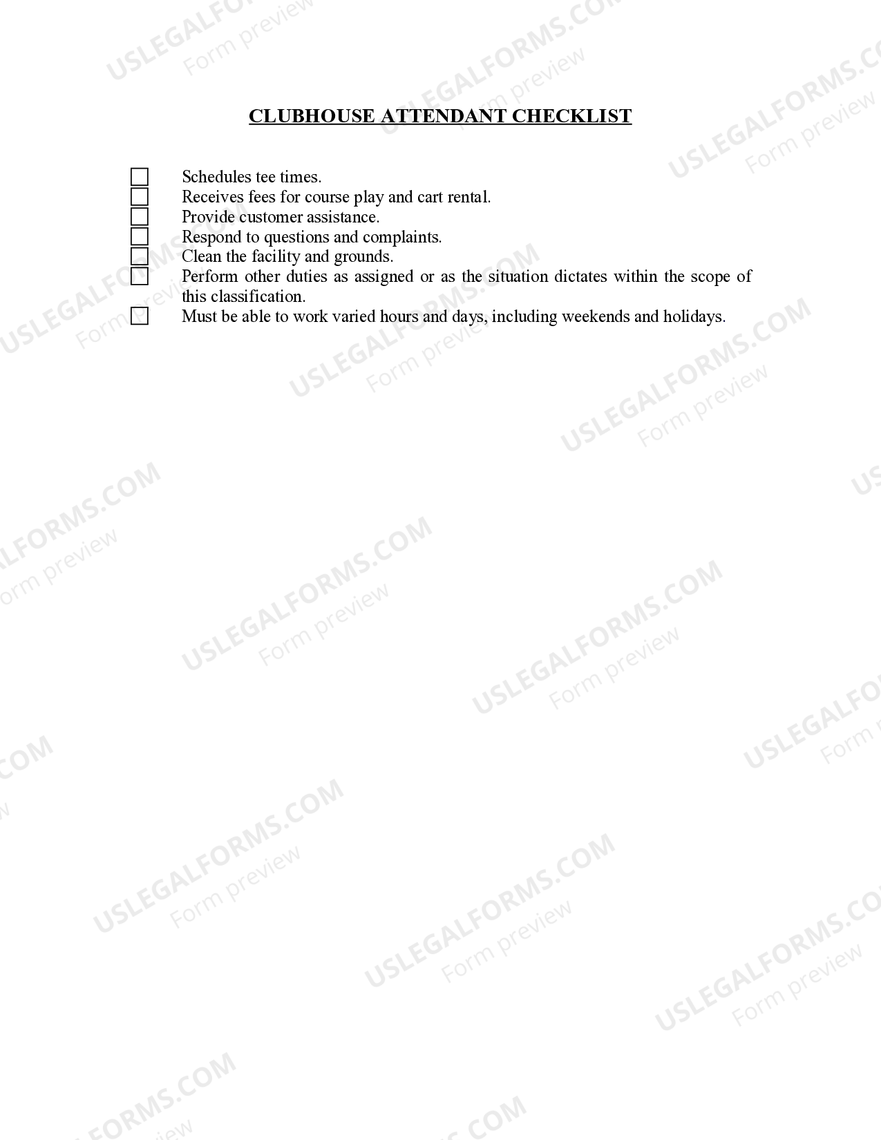 Clubhouse Attendant Checklist - Attendant Form | US Legal Forms