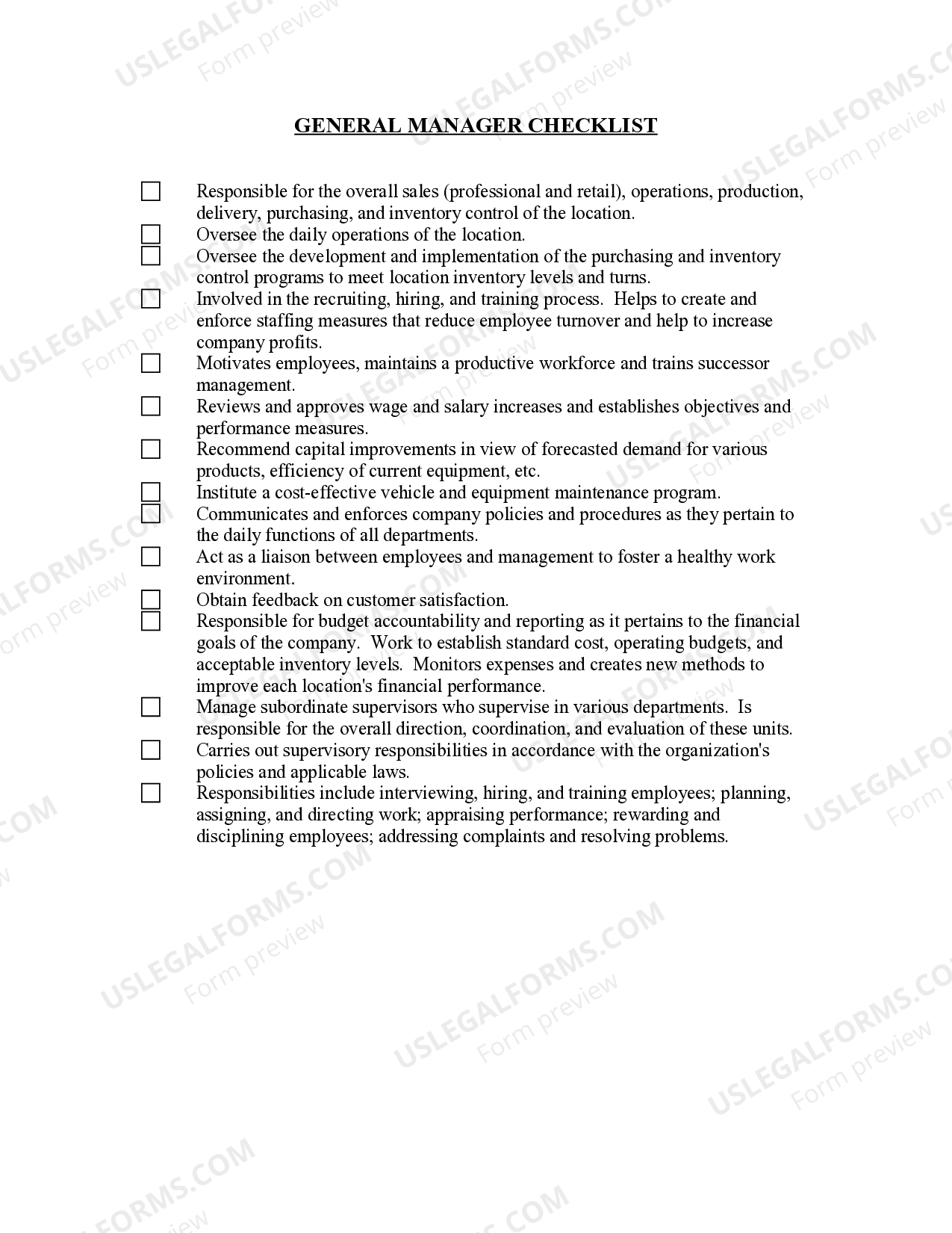 Arizona General Manager Checklist - Gm Checklist | US Legal Forms