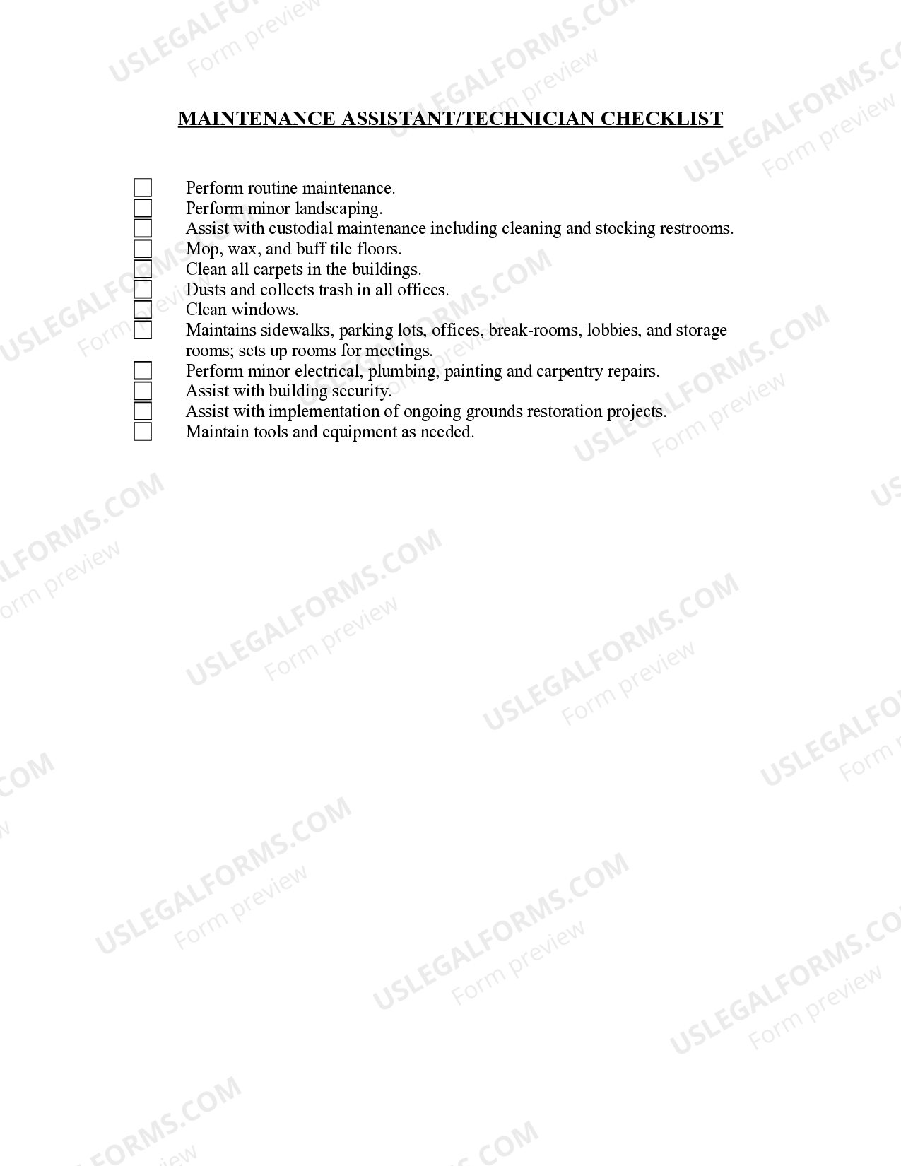 Washington Maintenance Assistance - Technician Checklist | US Legal Forms