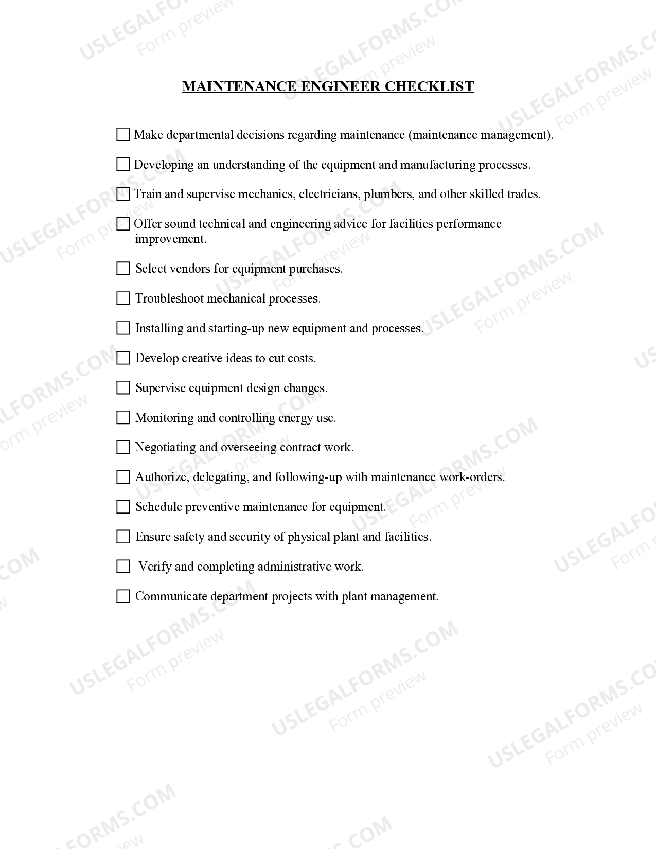 Pennsylvania Maintenance Engineer Checklist | US Legal Forms