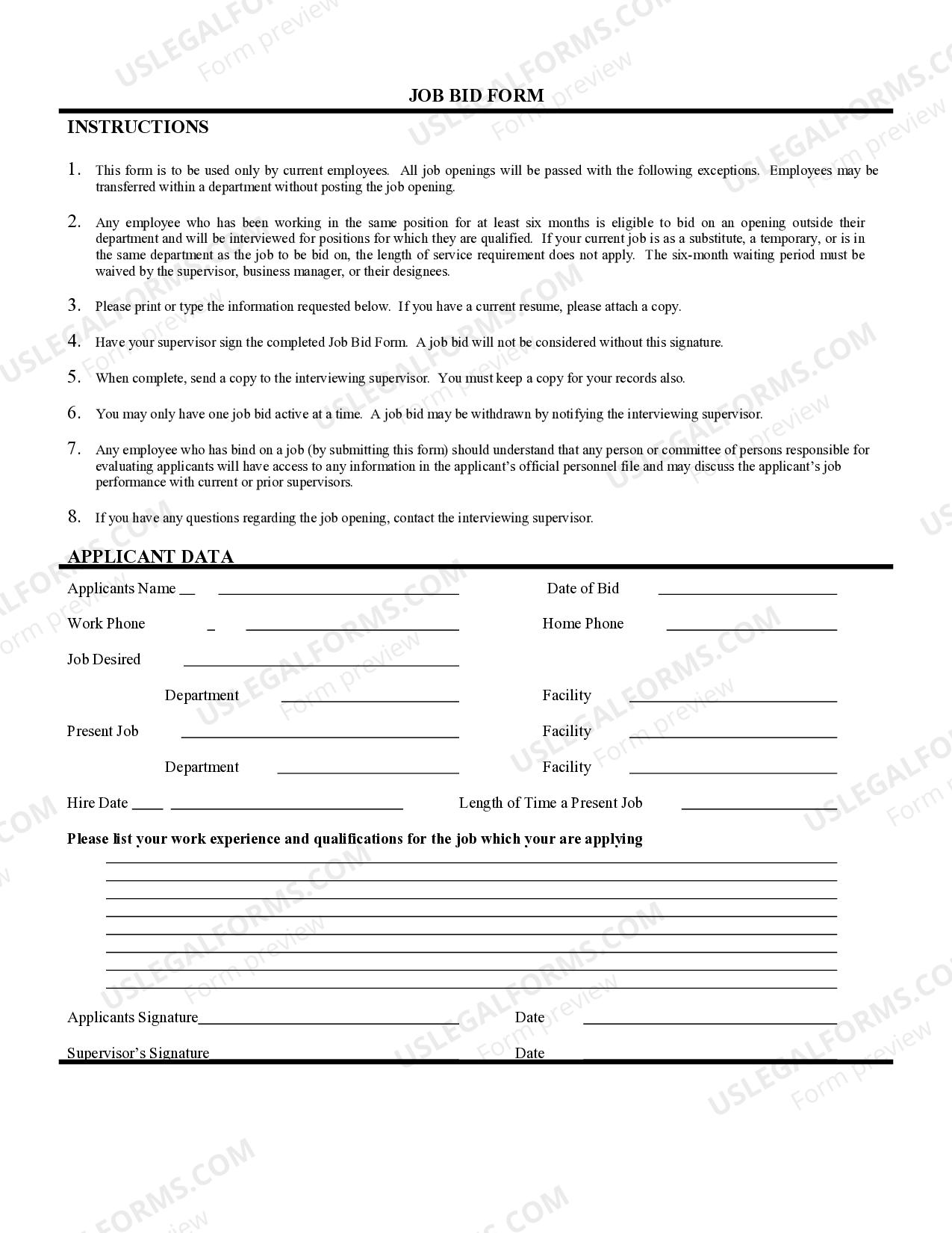 Colorado Job Bid Form - Job Bid Form | US Legal Forms