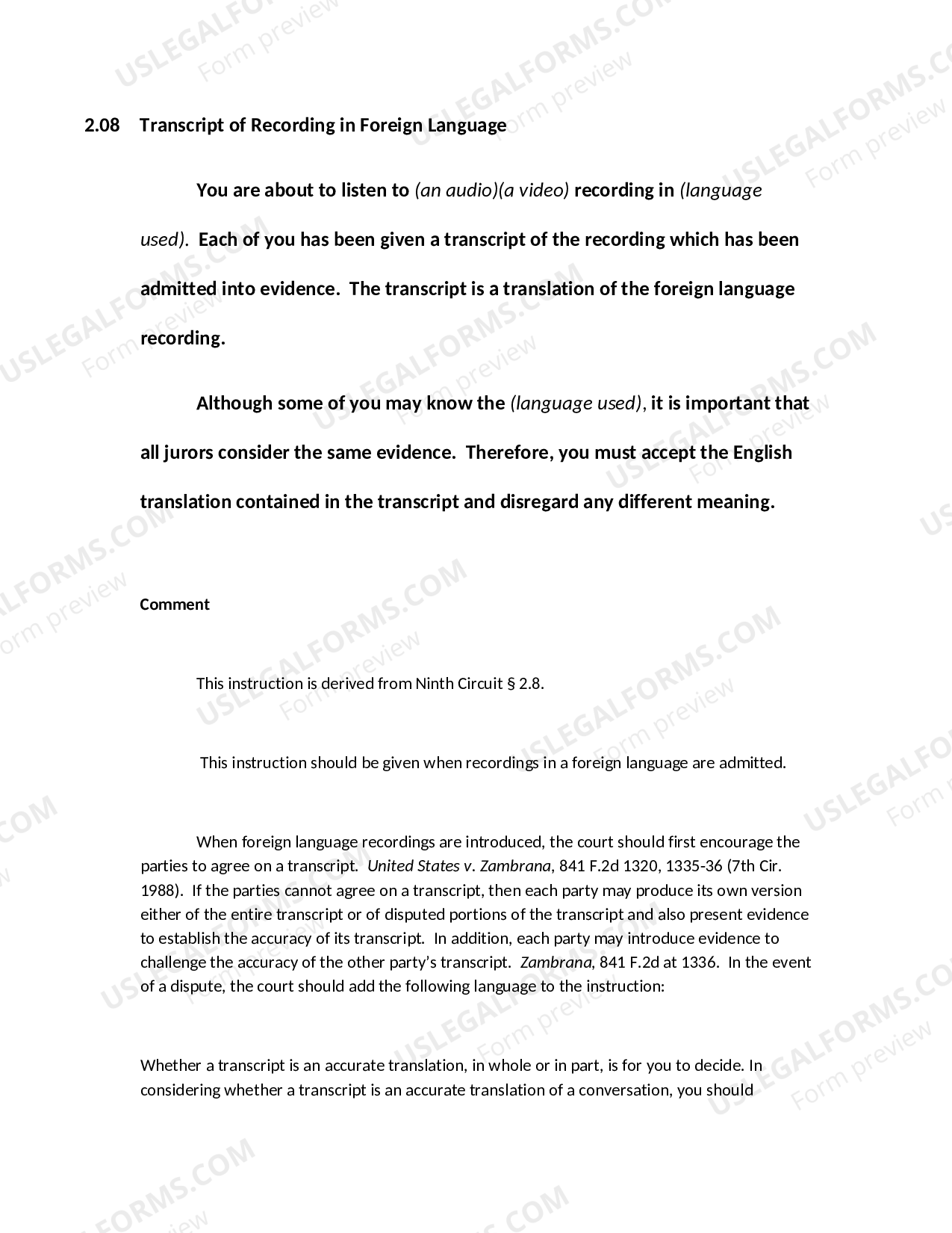 Transcript of Recording in Foreign Language | US Legal Forms