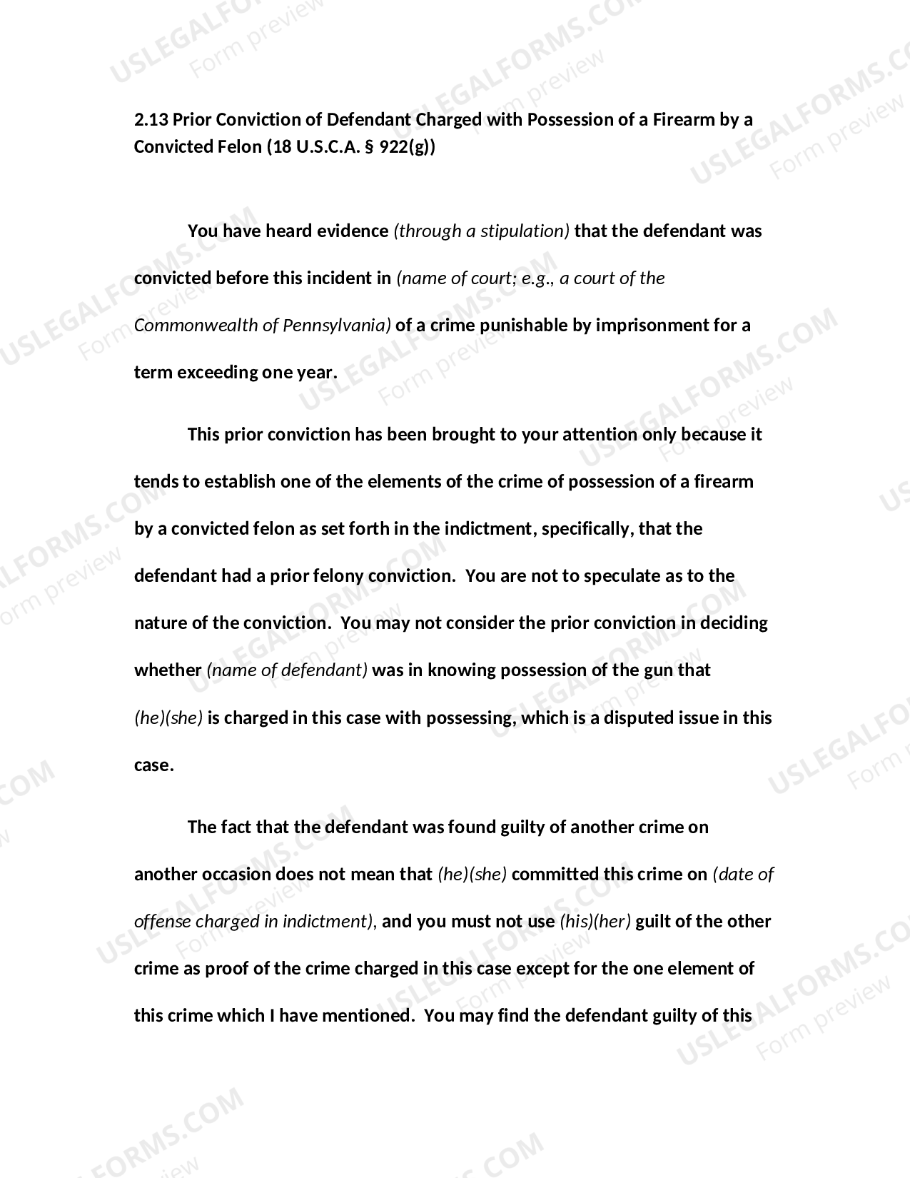 Prior Conviction of Defendant Charged with Possession of a Firearm by a ...