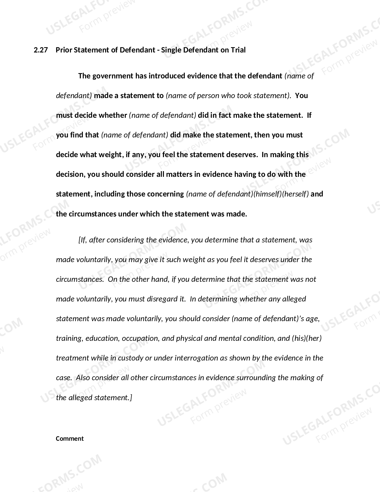 Prior Statement of Defendant - Single Defendant on Trial | US Legal Forms