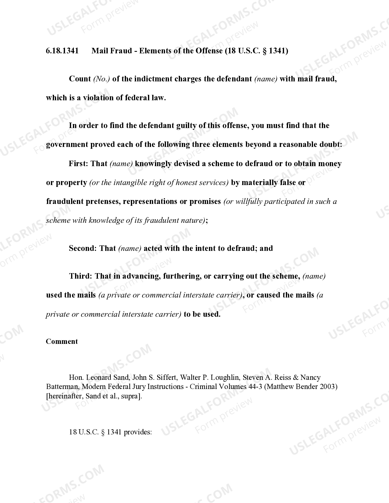 Mail Fraud - Elements of the Offense (18 U.S.C. Sec. 1341) | US Legal Forms