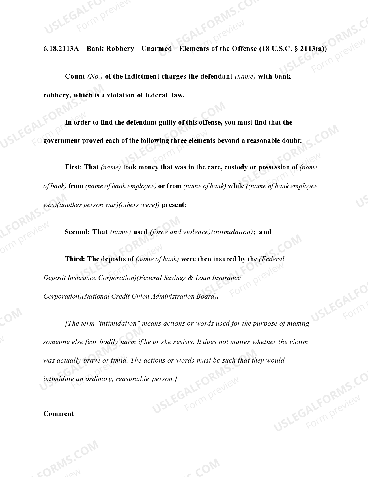 Bank Robbery - Unarmed - Elements of the Offense (18 U.S.C. Sec. 2113(a ...