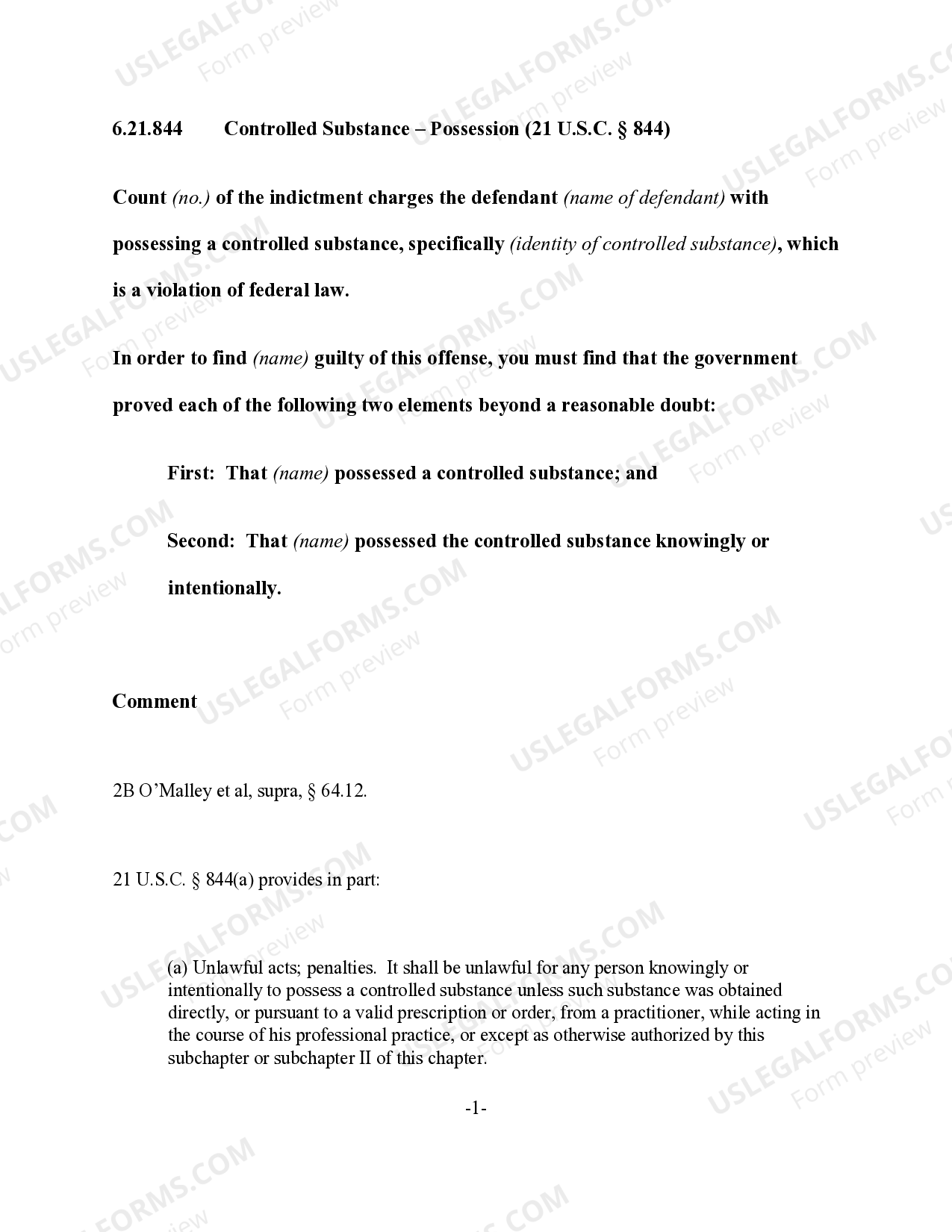 Possession of a Controlled Substance (21 U.S.C. Sec. 844) | US Legal Forms