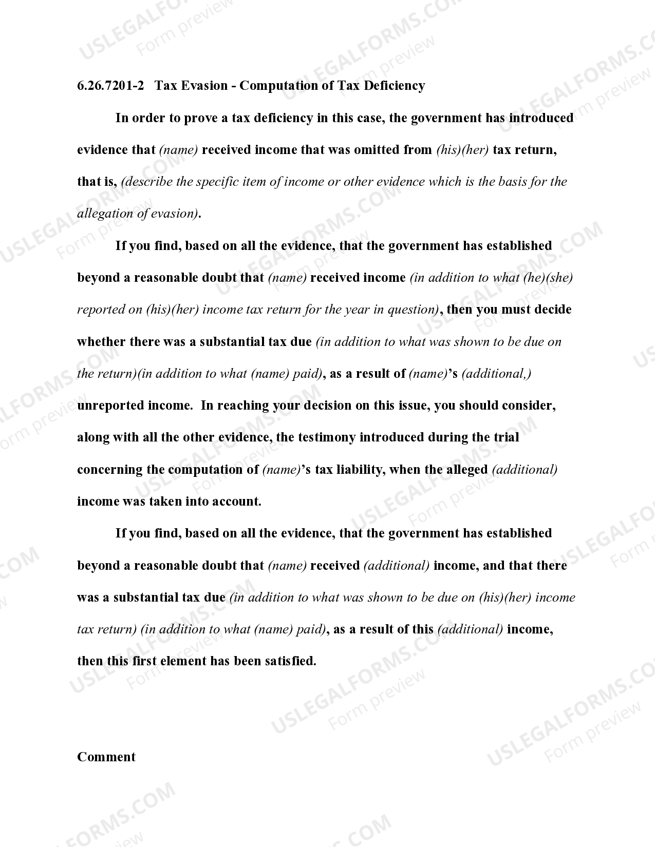 Tax Evasion - Computation of Tax Deficiency | US Legal Forms