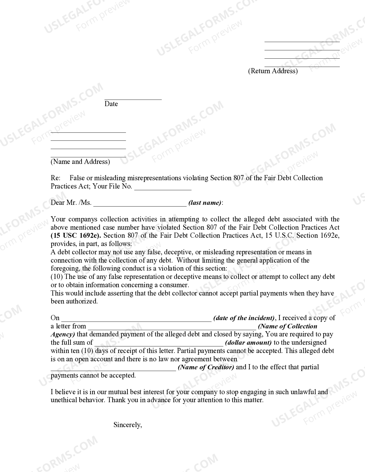 Letter Informing Debt Collector of False or Misleading ...