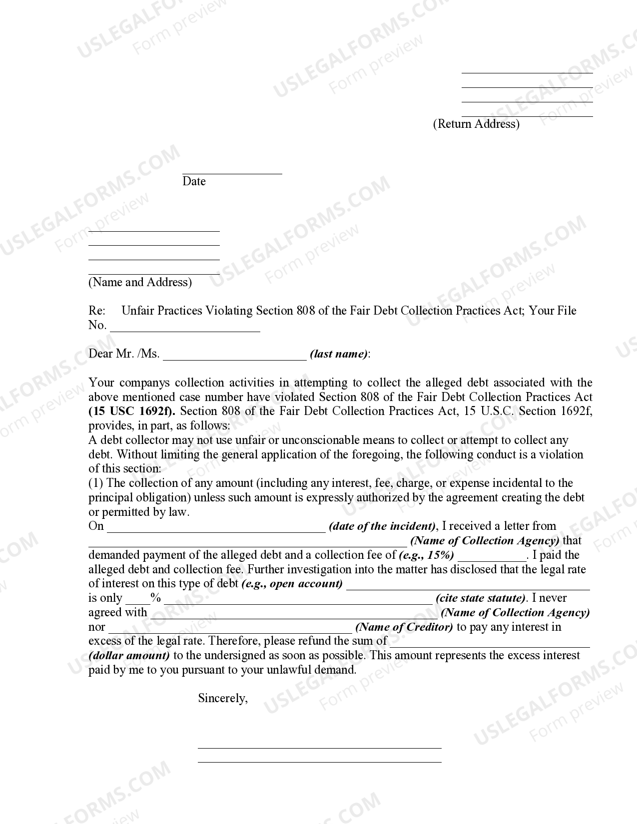 Letter Informing Debt Collector of Unfair Practices in Collection ...