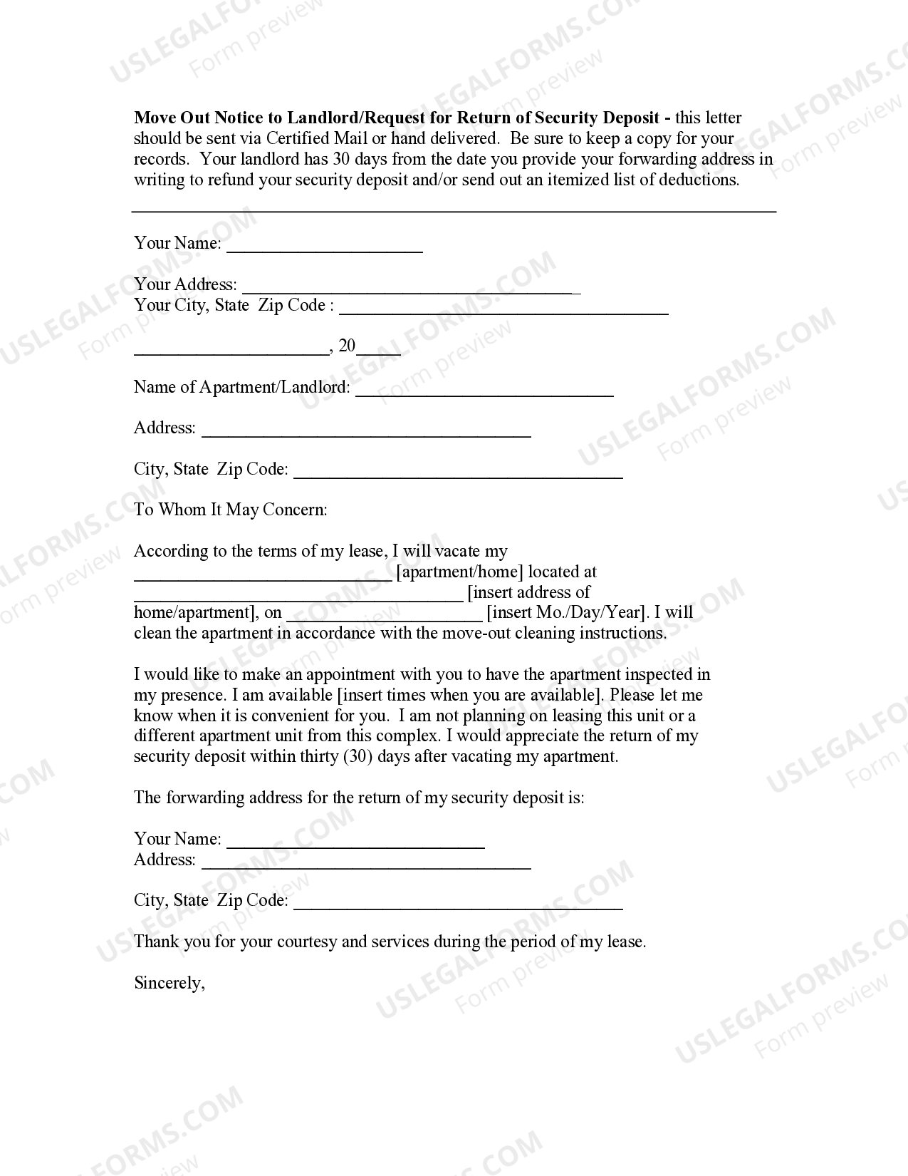 Move out notice to landlord/Request for return of security deposit | US ...