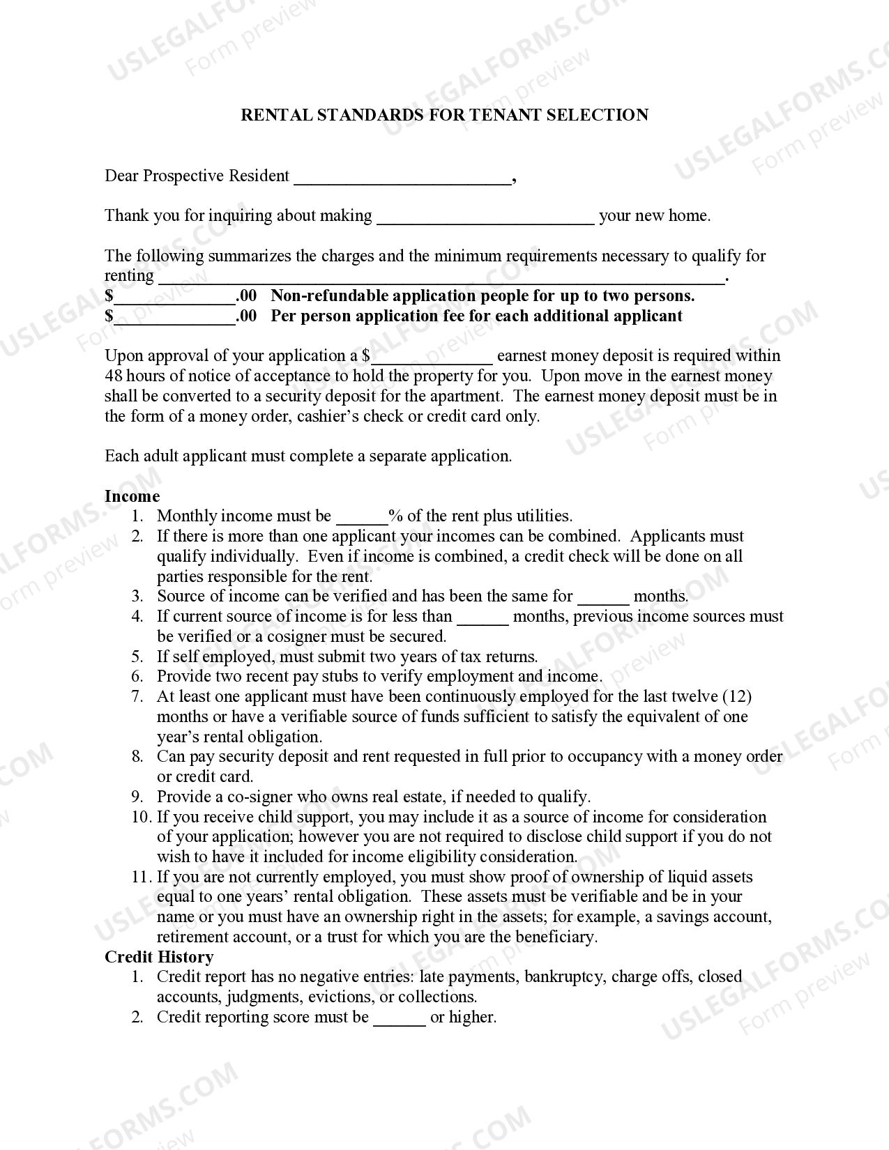 Rental Standards for Tenant Selection | US Legal Forms