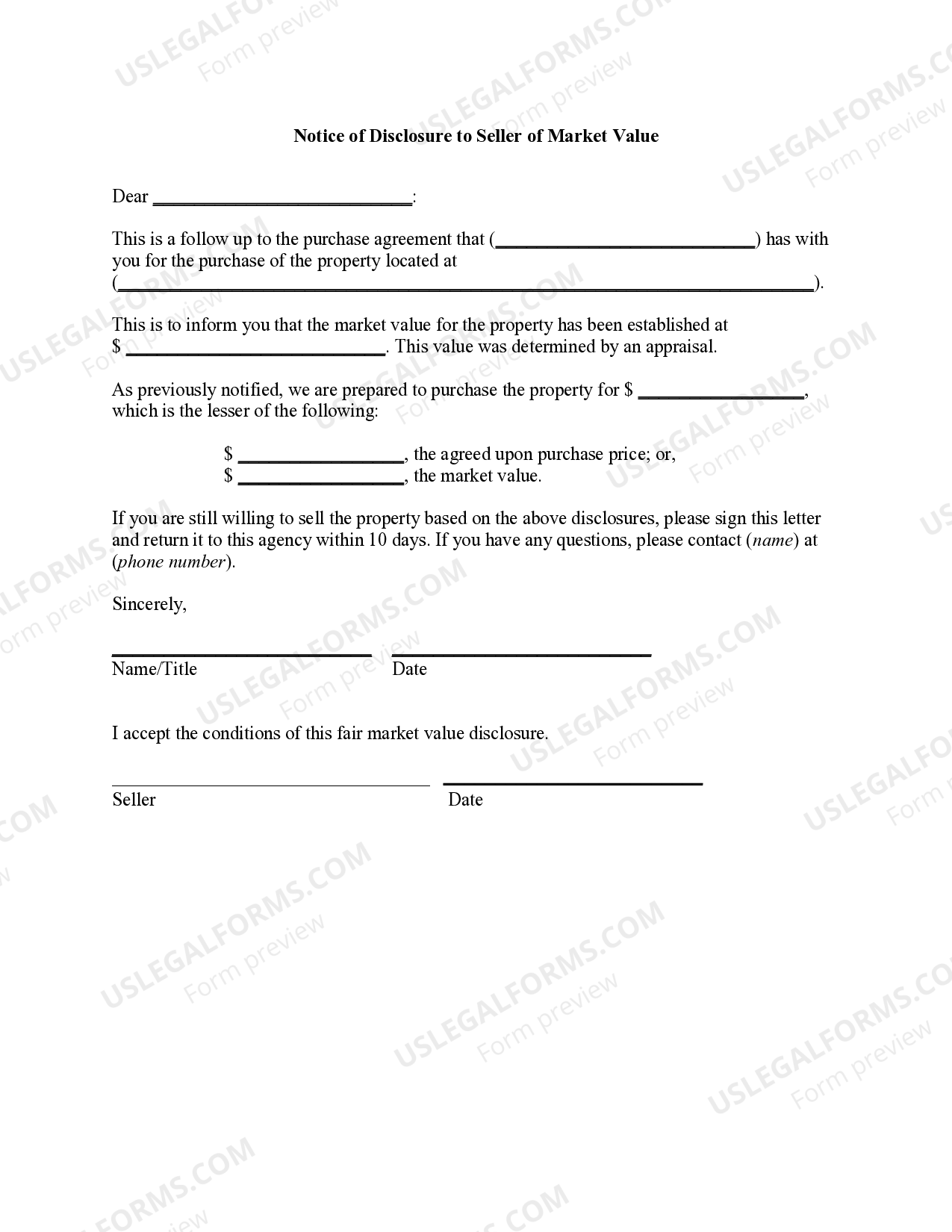 Notice of Disclosure to Seller of Market value | US Legal Forms
