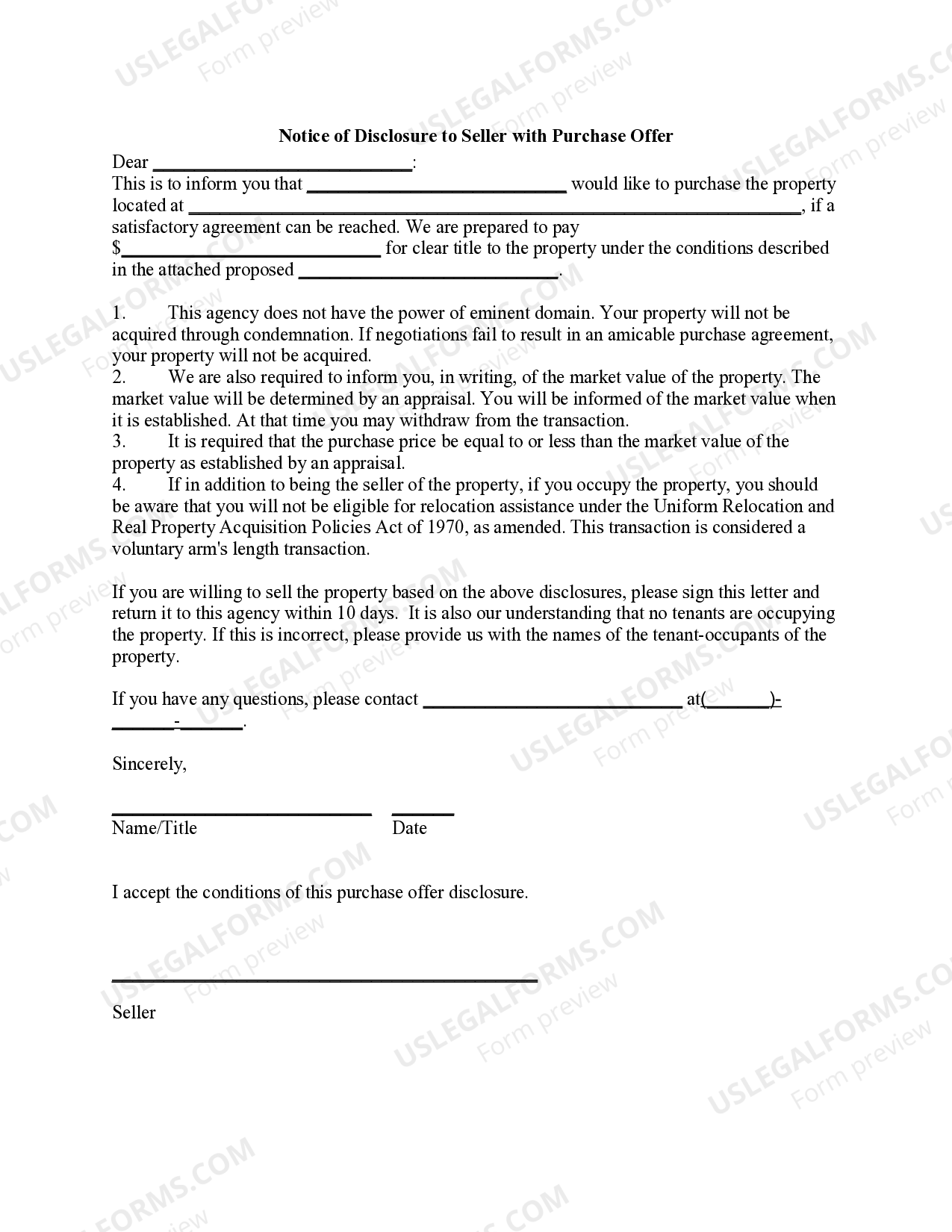 Notice of Disclosure to Seller with Purchase Offer | US Legal Forms
