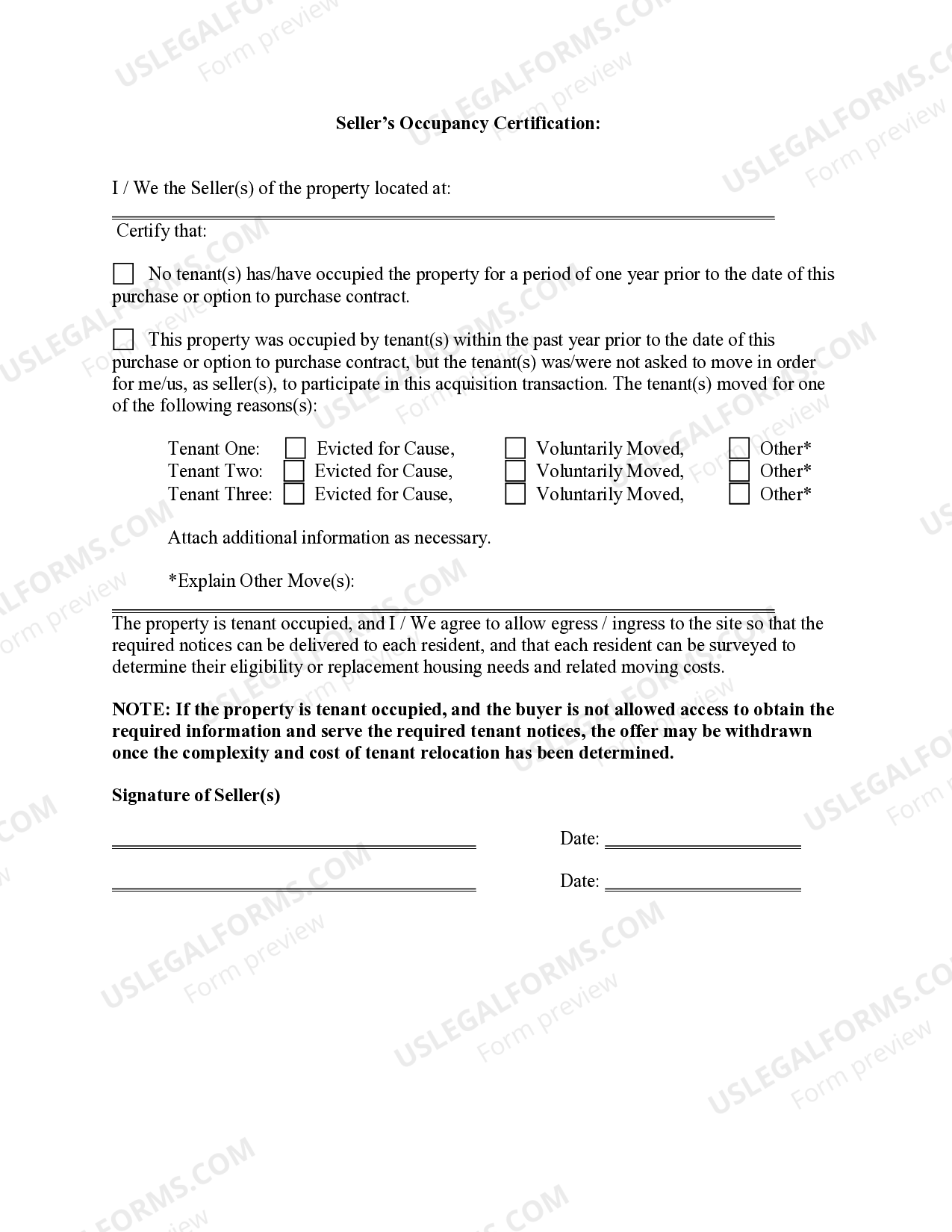 Seller's Occupany Certification | US Legal Forms