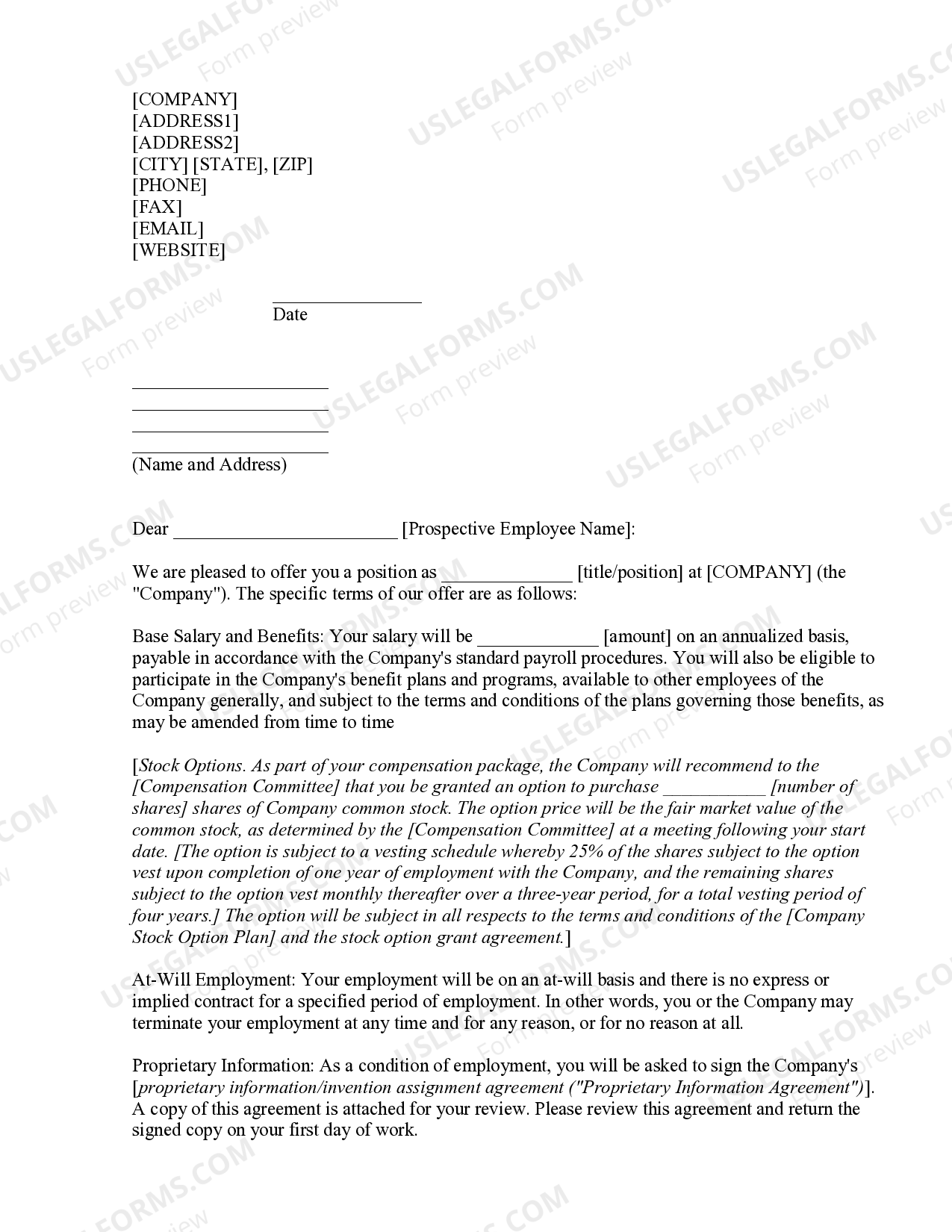 Sample Offer Letter to Prospective Employee with Option Grant - Sample ...