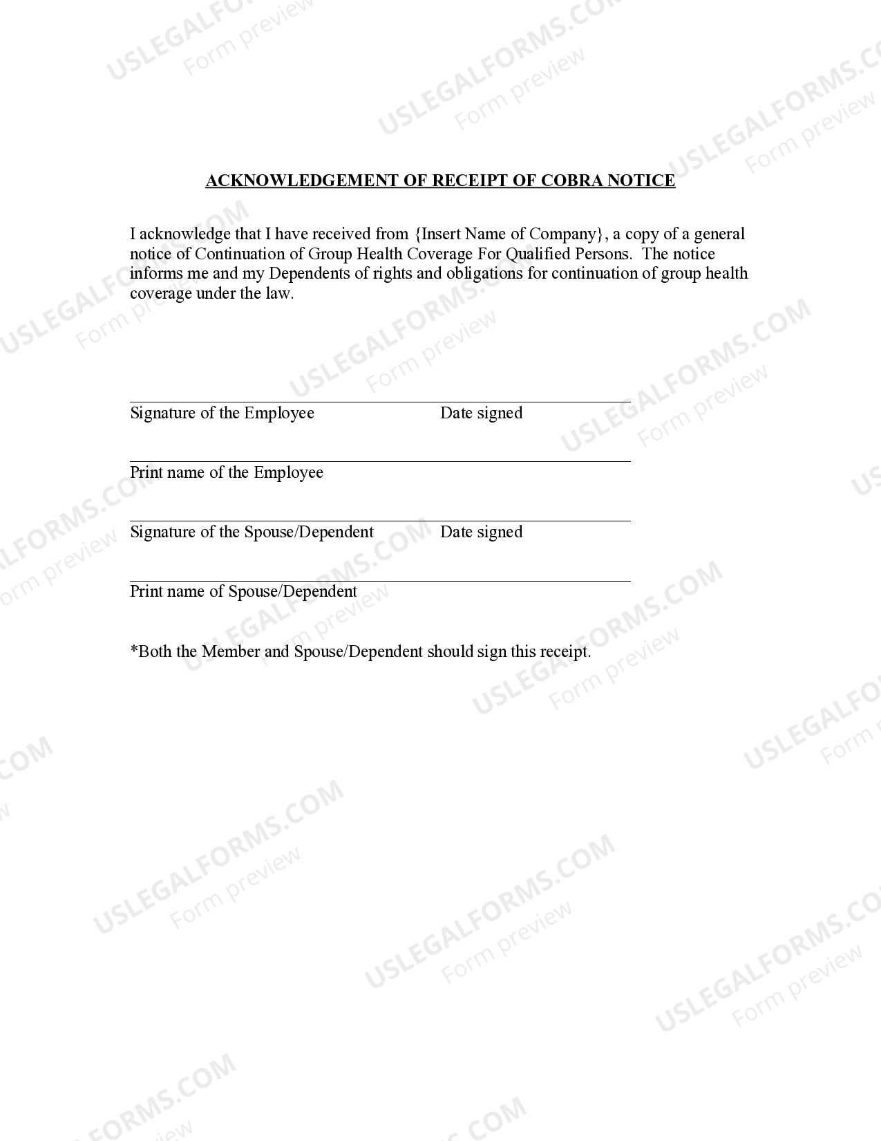 Virginia Acknowledgment of Receipt of COBRA Notice - Acknowledgment ...
