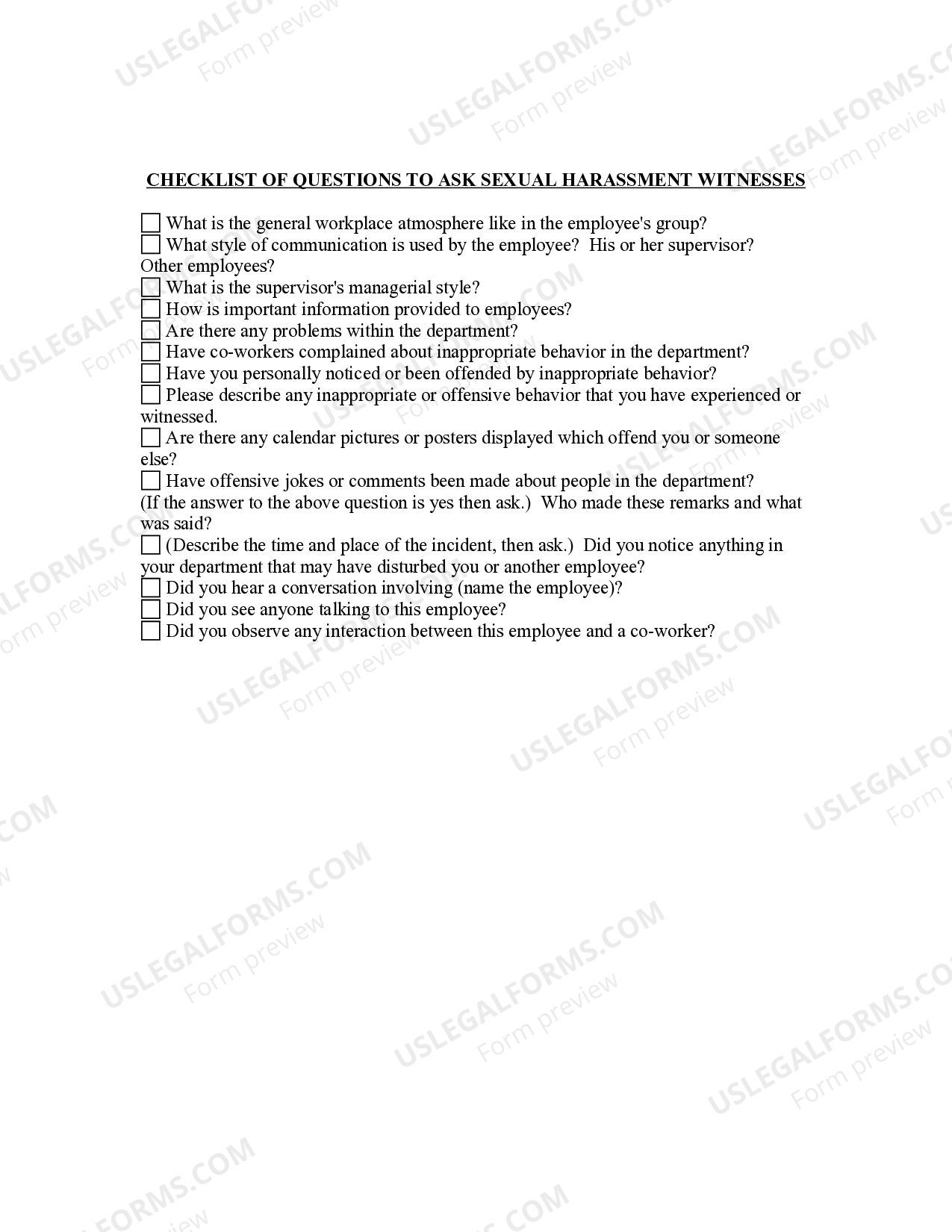 New Hampshire Checklist Of Questions To Ask Sexual Harassment Witnesses