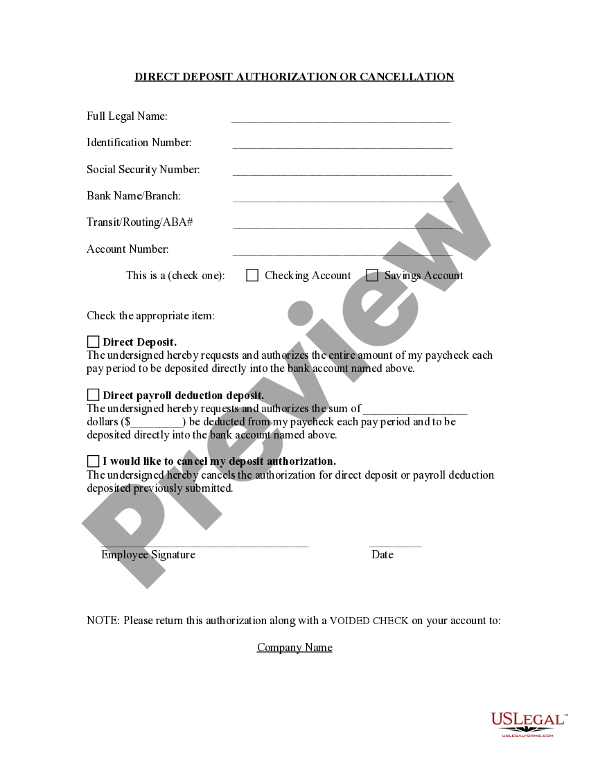 Ohio Direct Deposit Authorization Direct Deposit Authorization US Legal Forms