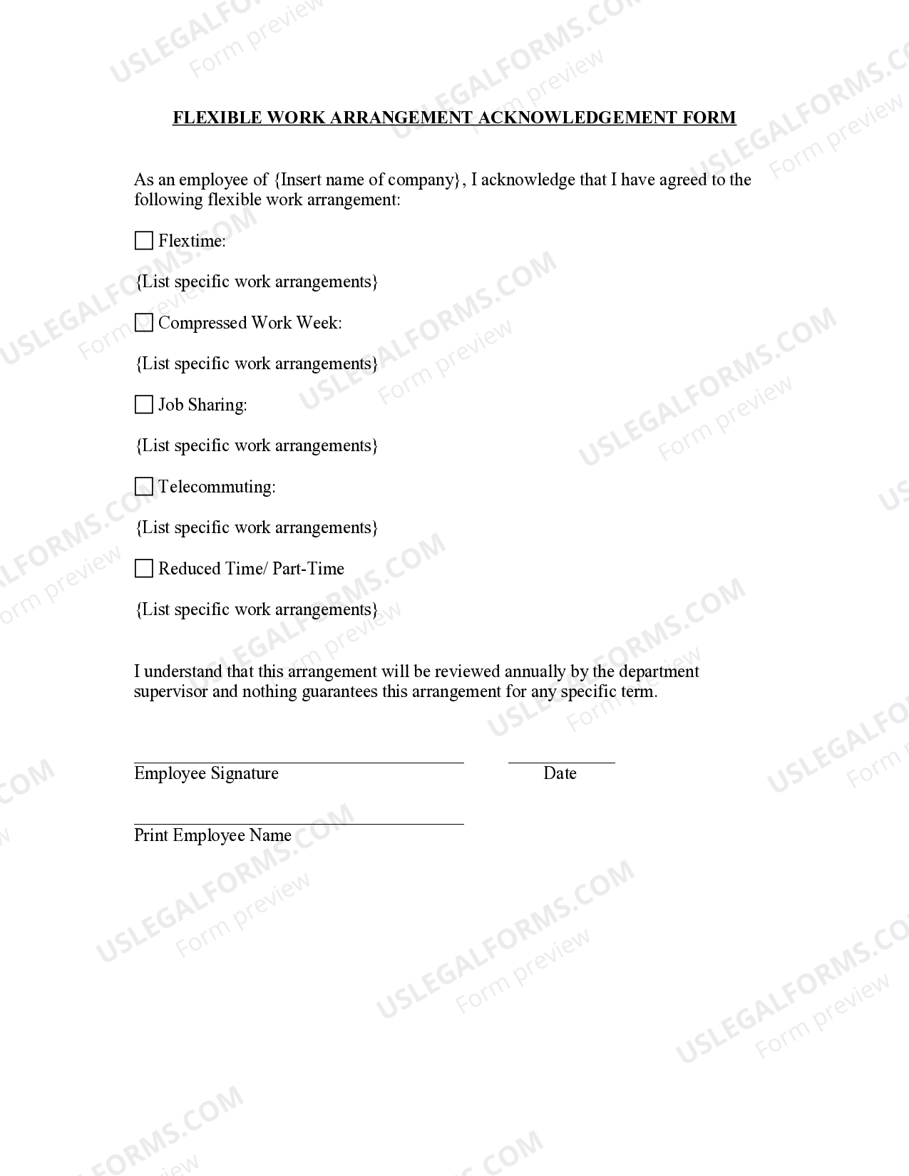 New Jersey Flexible Work Arrangement Acknowledgment Form | US Legal Forms