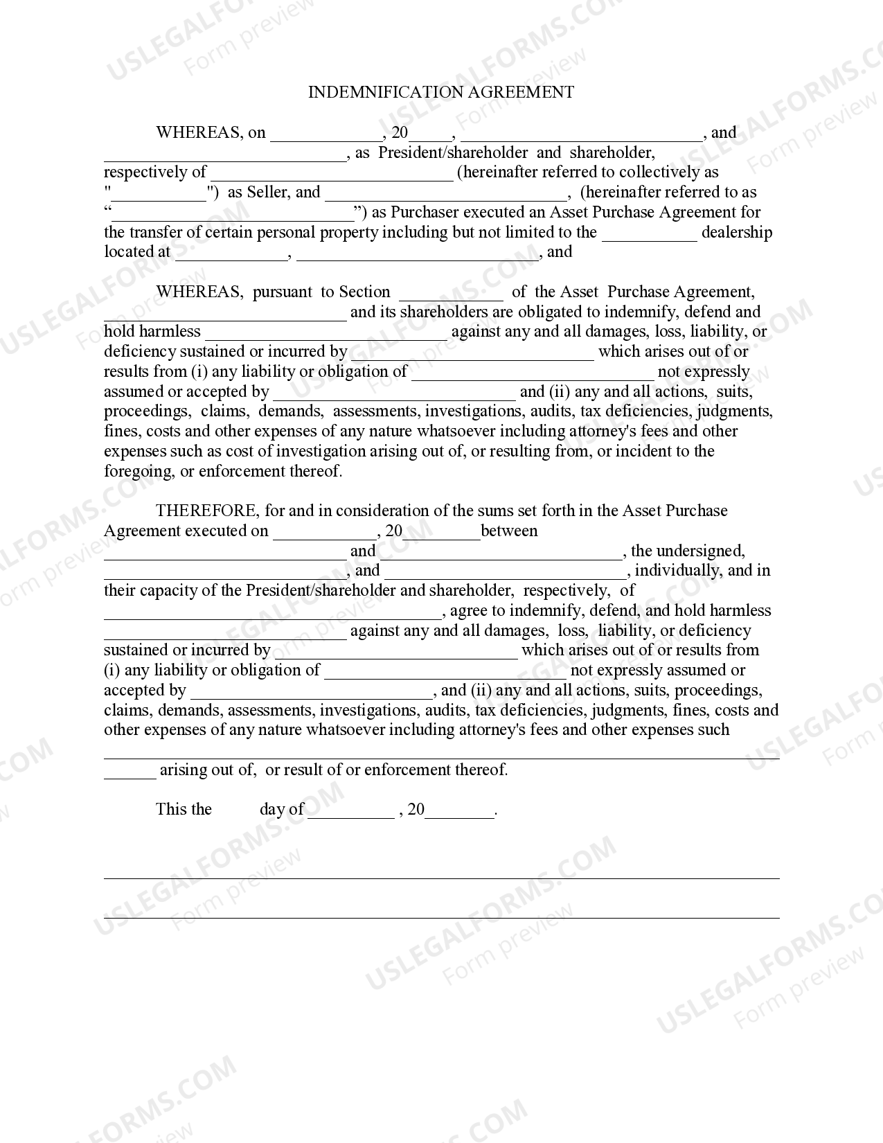 Alaska Indemnification Agreement for Personal Property - Indemnification Personal | US Legal Forms