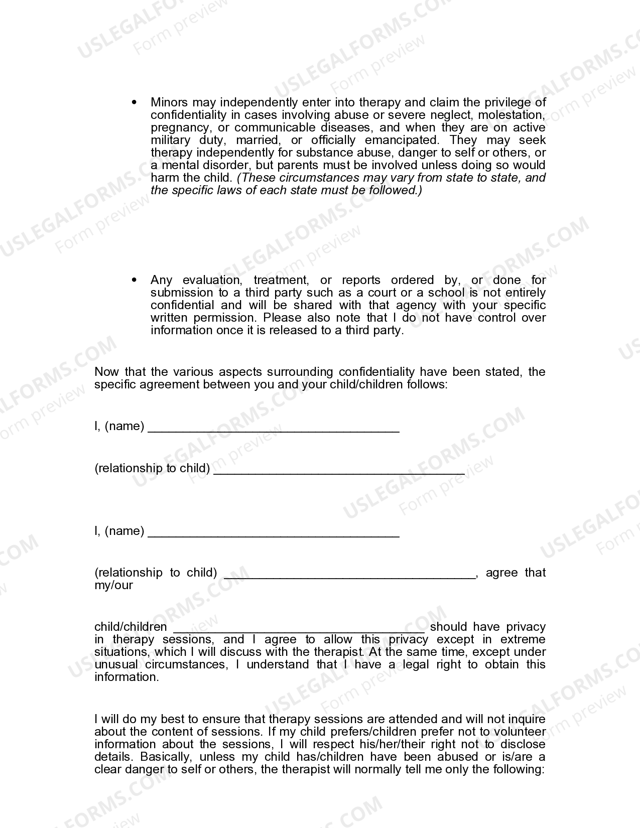 Consent to treat Minor - Mental Health Professional | US Legal Forms