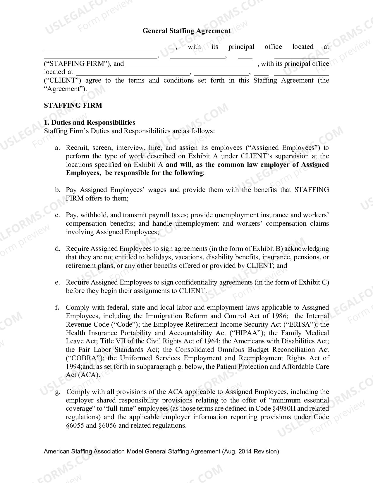 General Staffing Agreement | US Legal Forms