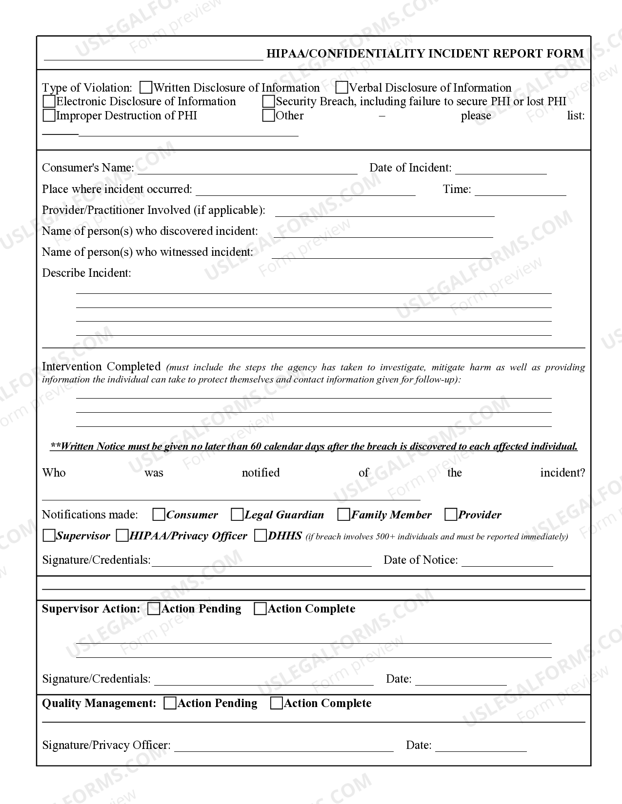 HIPPA Violation Report Form | US Legal Forms