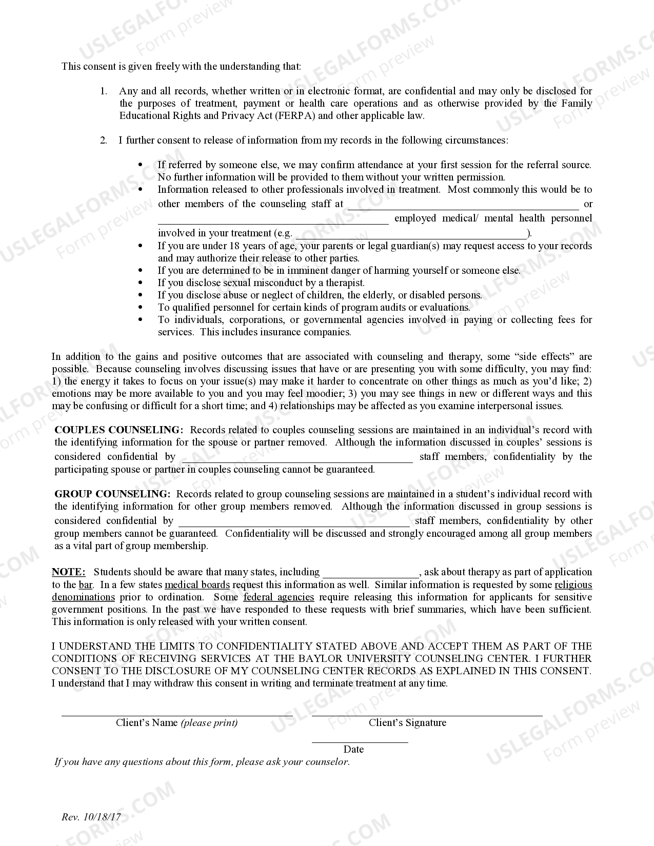 Informed Consent for Counseling Services | US Legal Forms