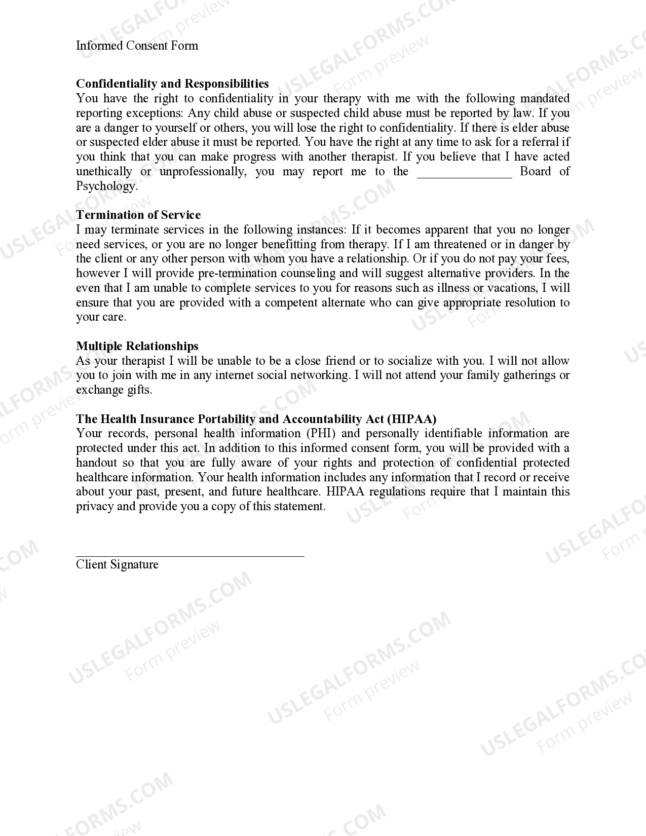 Informed Consent for Counseling Services with References | US Legal Forms