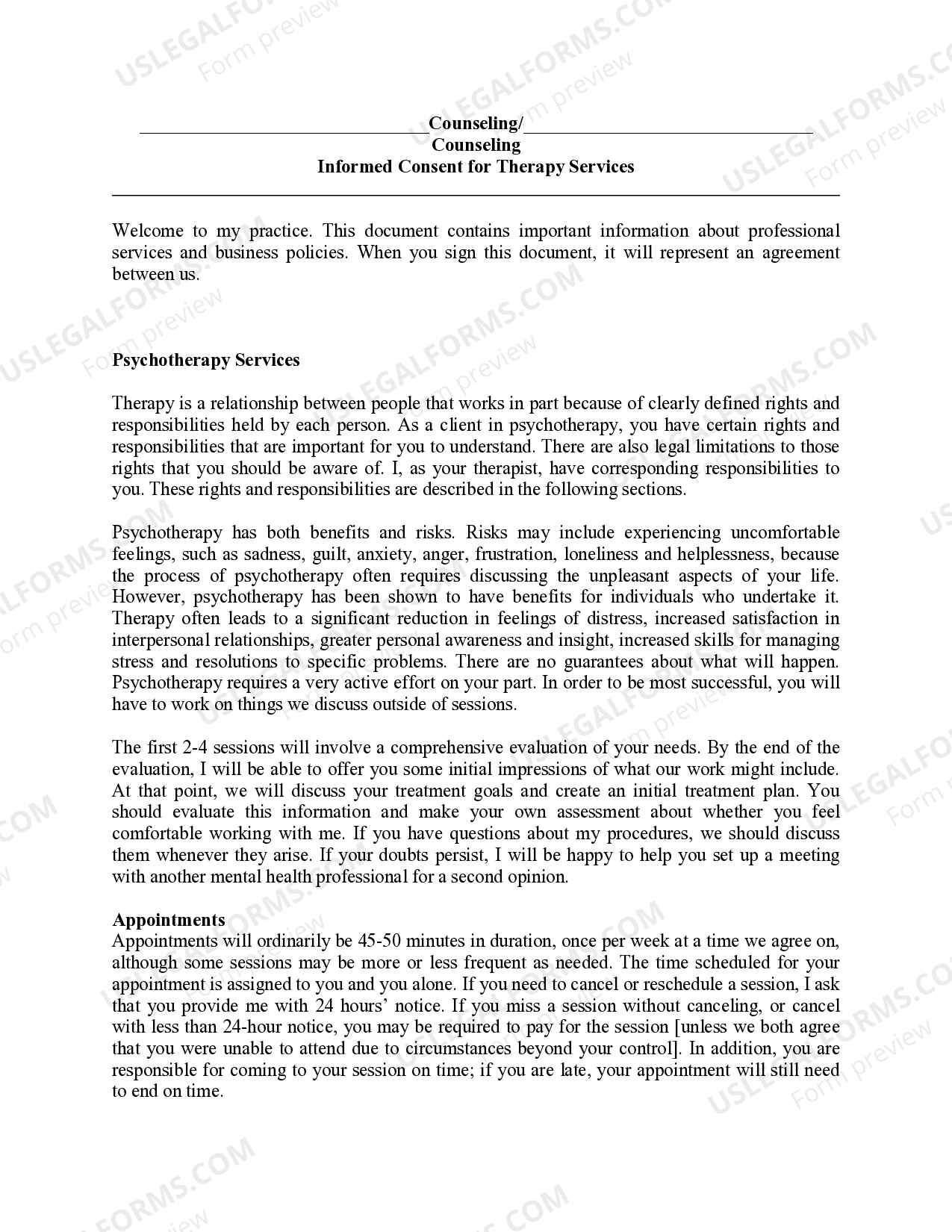 Informed Consent for Counseling Services with an Intern | US Legal Forms