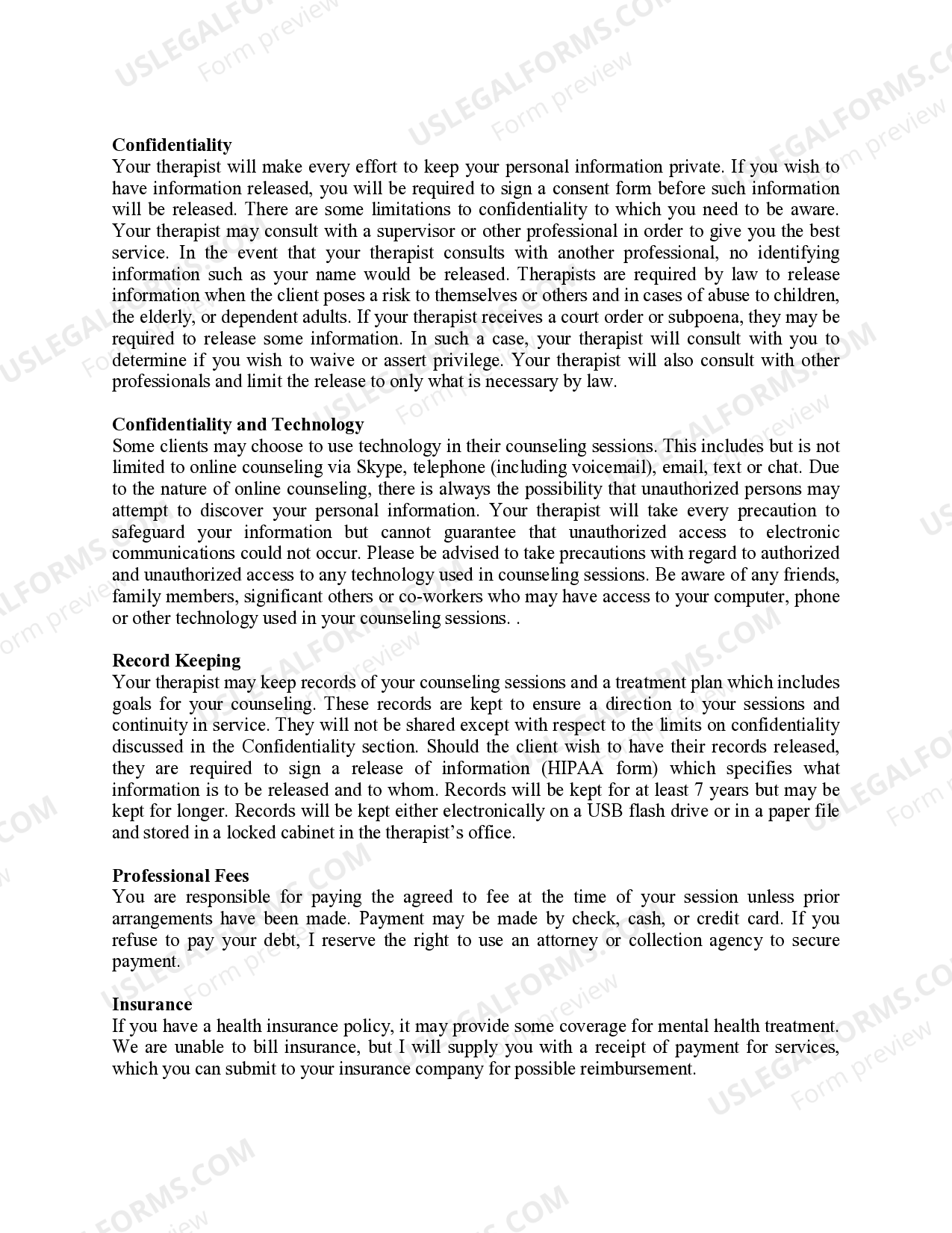 Informed Consent for Counseling Services with an Intern | US Legal Forms