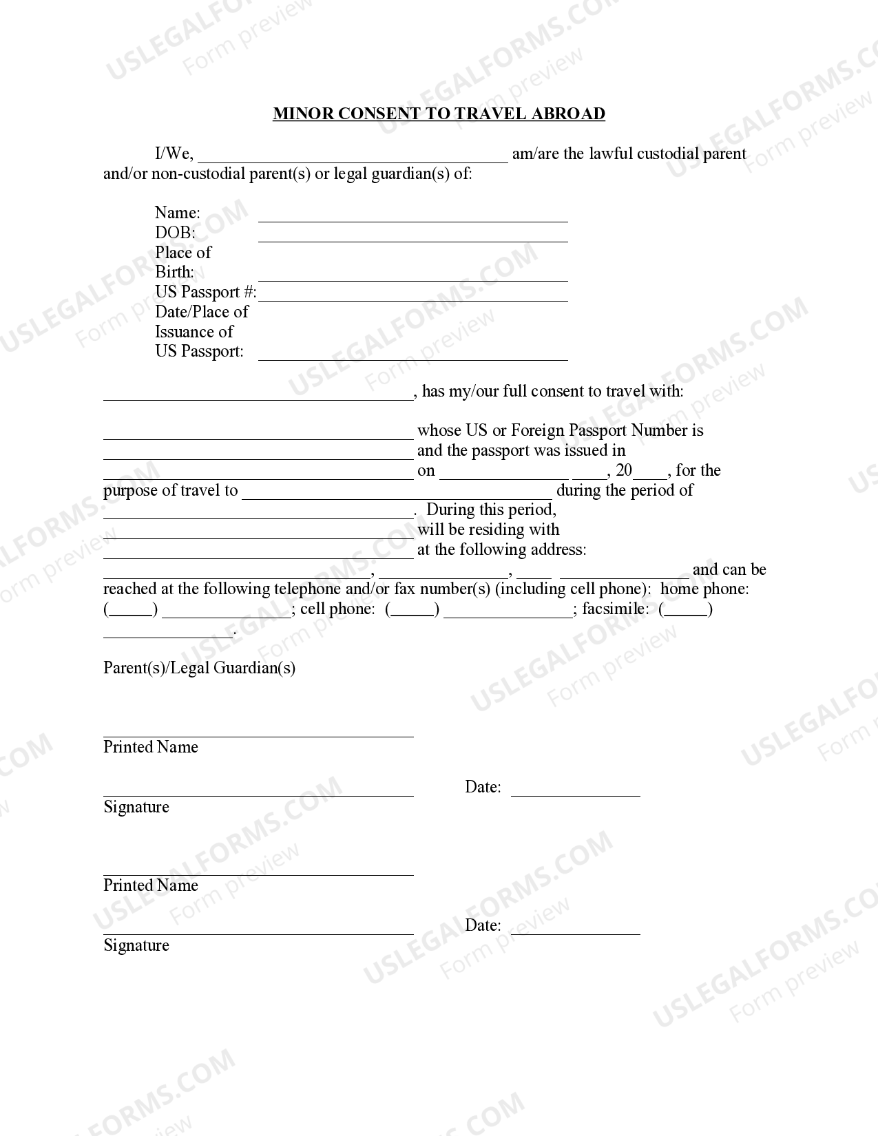 Minor Consent Form to Travel Abroad | US Legal Forms