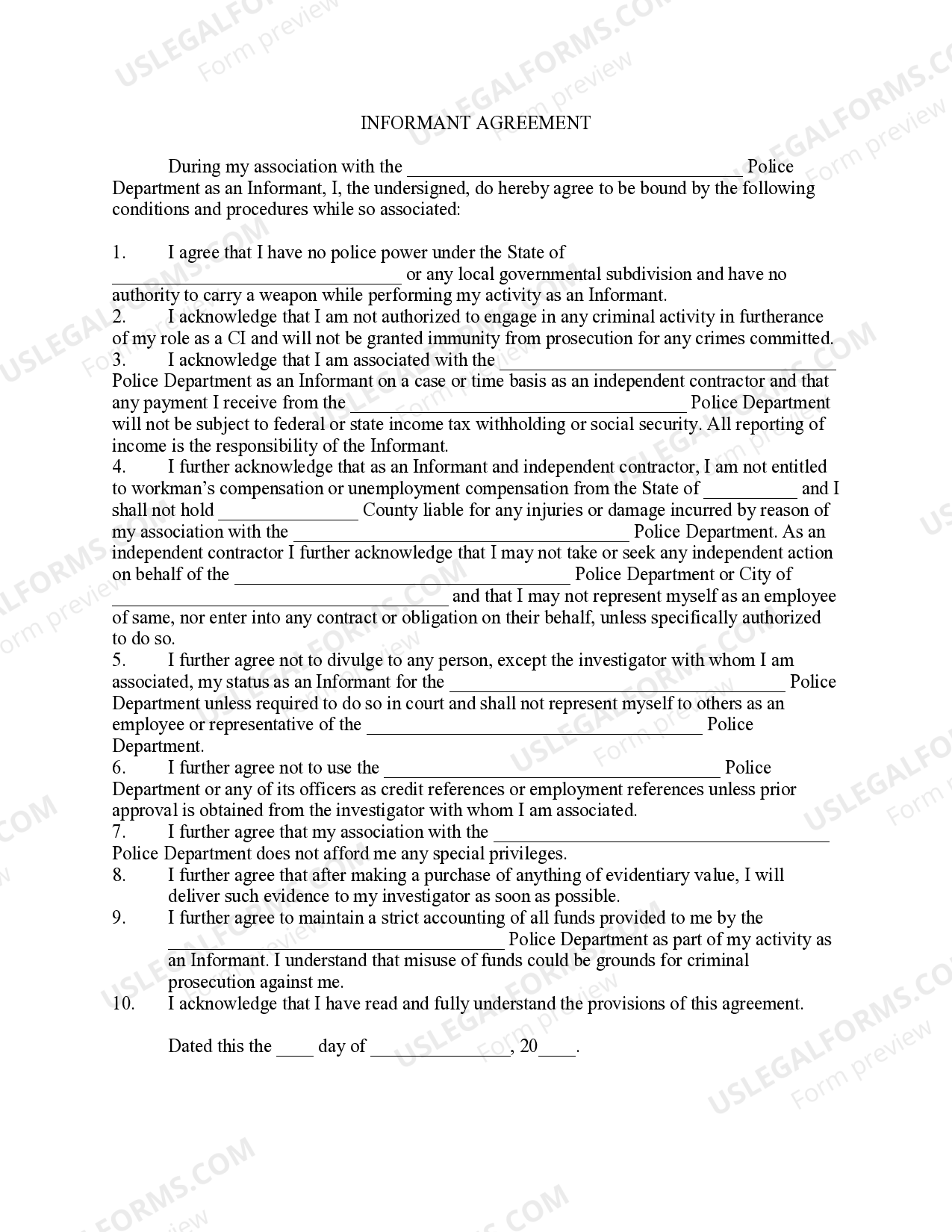 Informant Agreement for Federal Informant | US Legal Forms