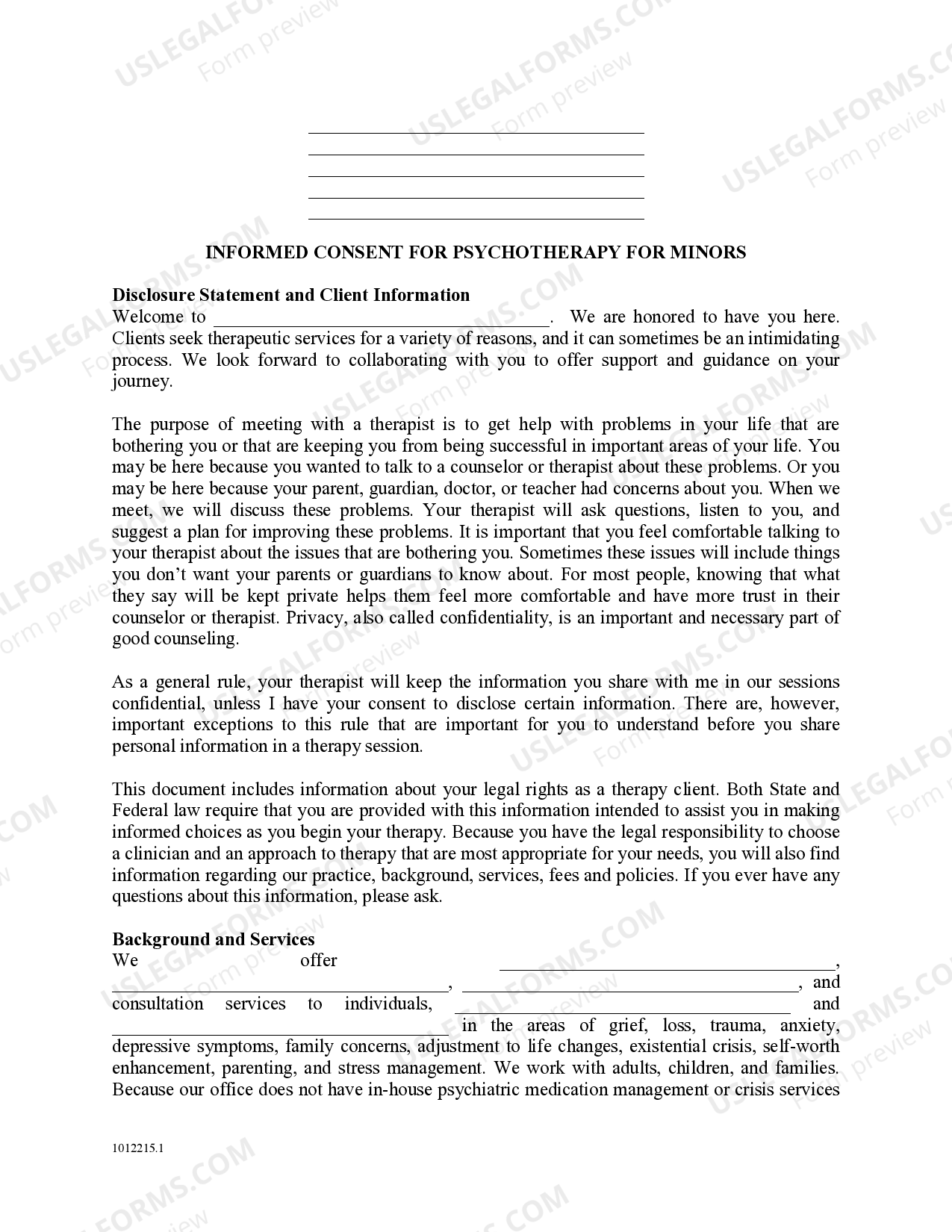 Office Policy and Procedure, Consent and Agreement for Treatment of a ...