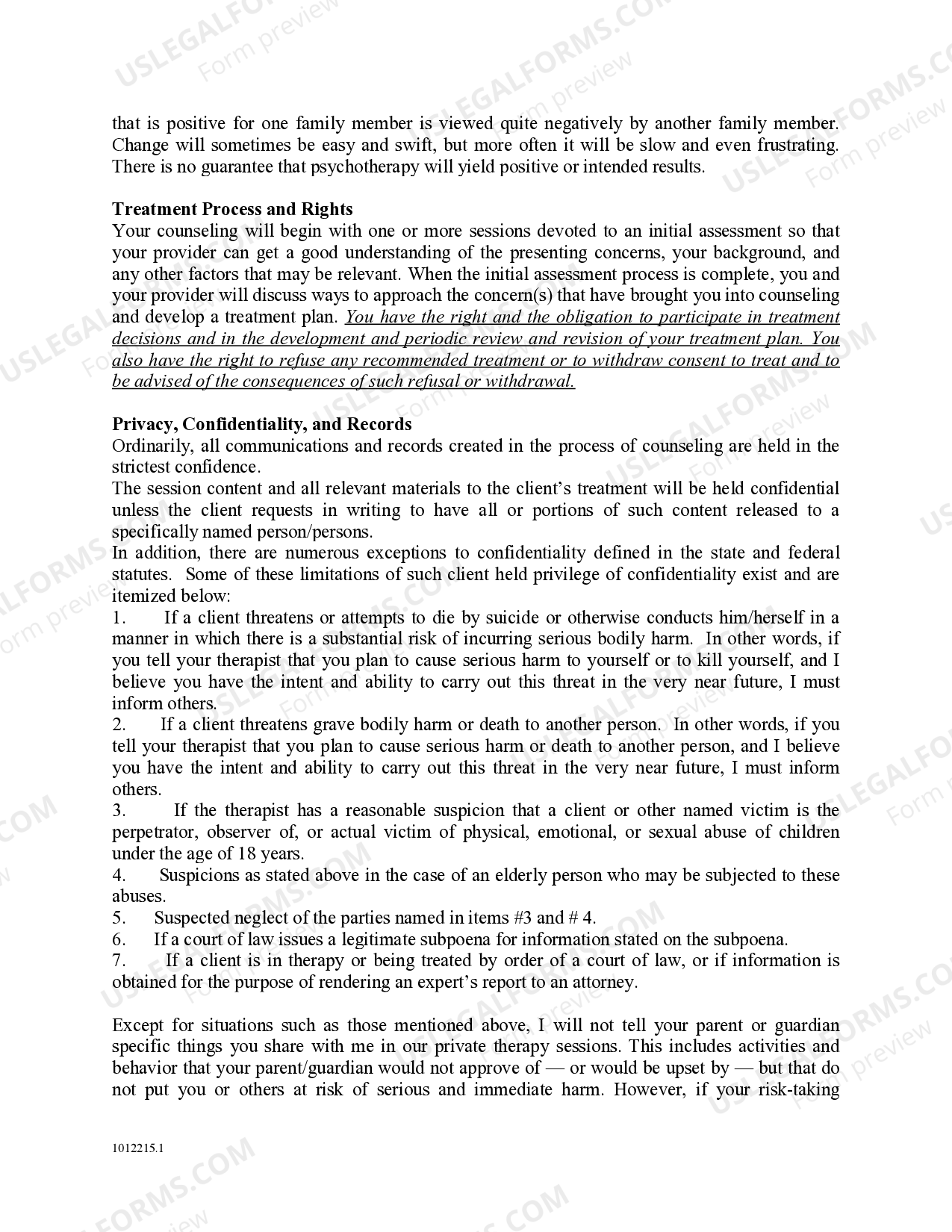 Office Policy and Procedure, Consent and Agreement for Treatment of a ...