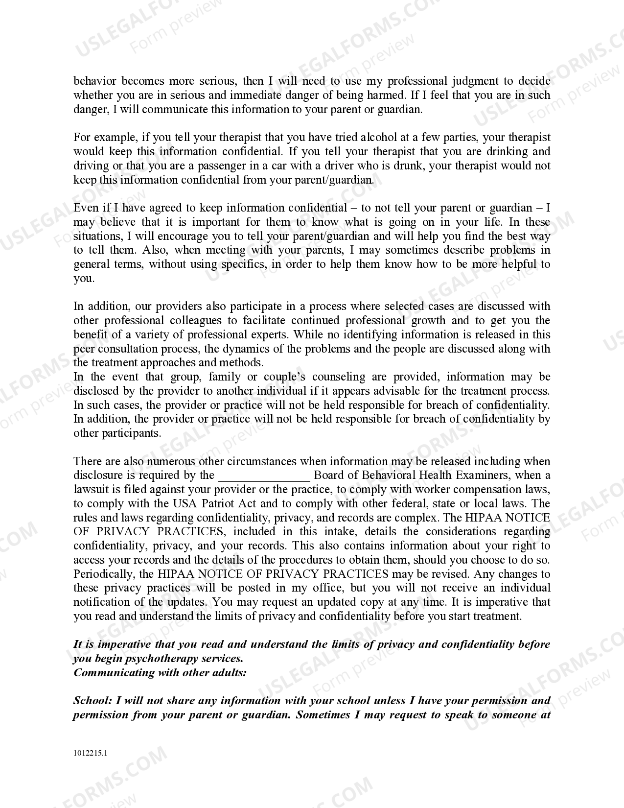 Office Policy and Procedure, Consent and Agreement for Treatment of a ...