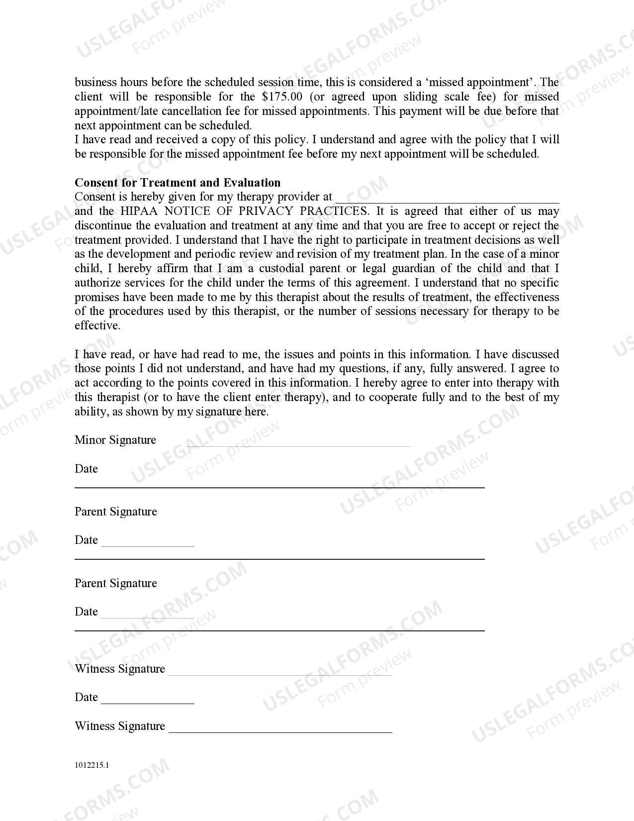 Office Policy and Procedure, Consent and Agreement for Treatment of a ...