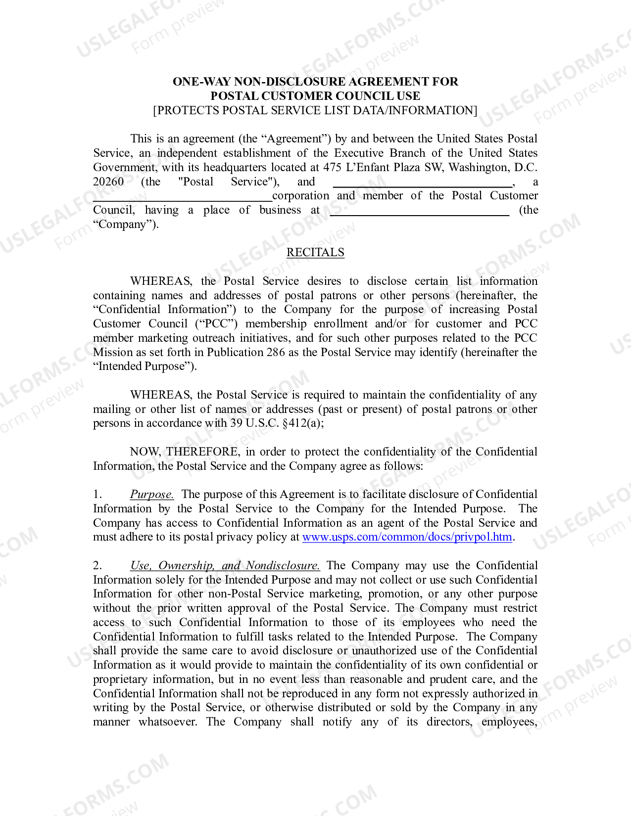 Postal Customer Counsel One-Way Non-Disclosure Agreement | US Legal Forms