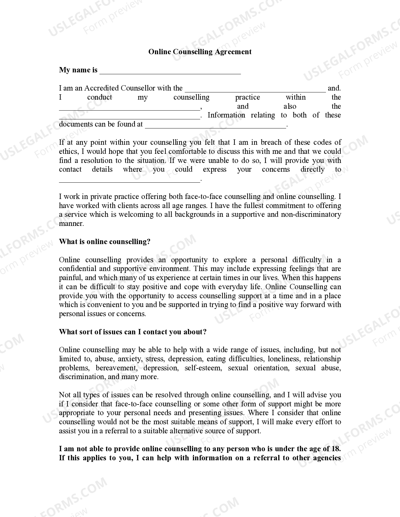 Online Counseling Agreement - Short Form | US Legal Forms