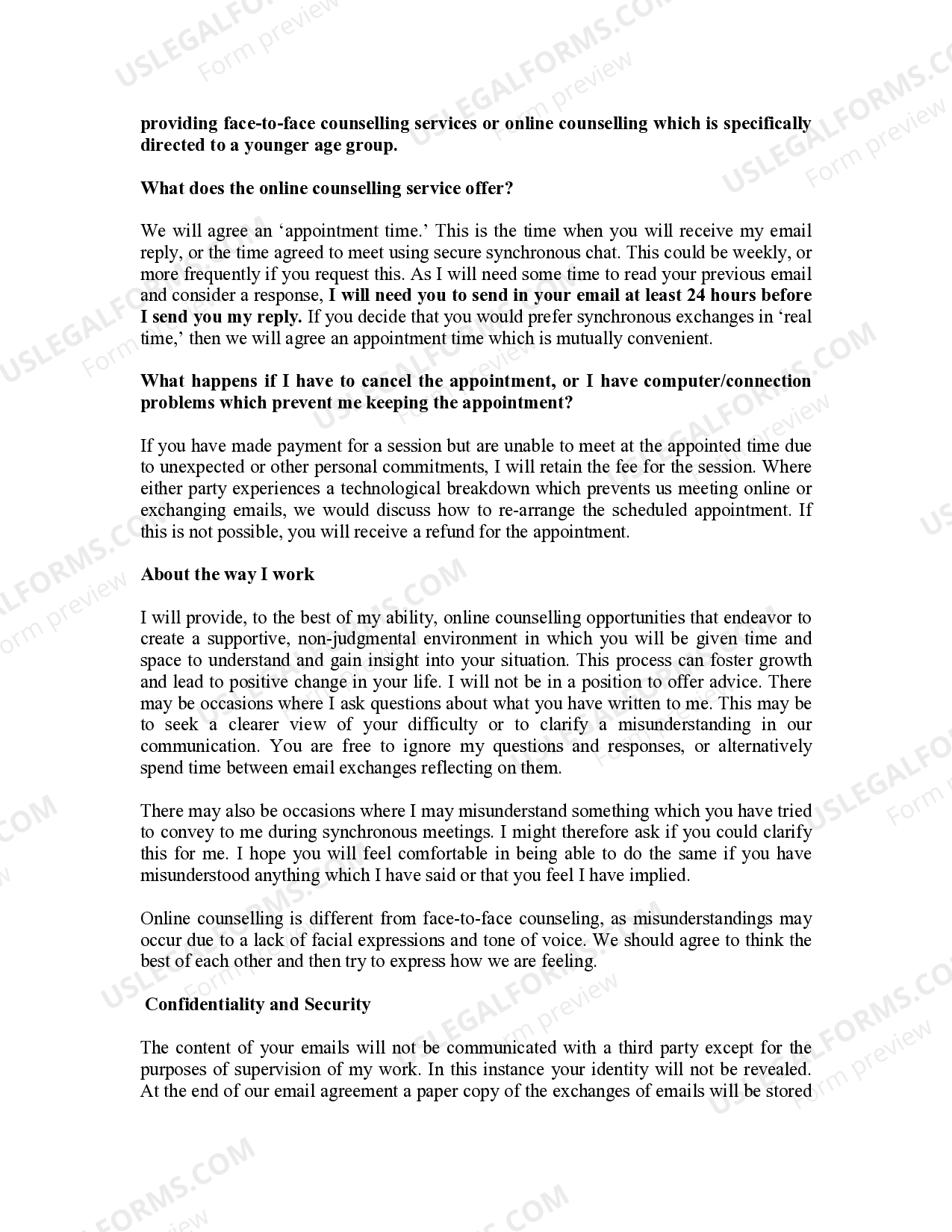 Online Counseling Agreement - Short Form | US Legal Forms