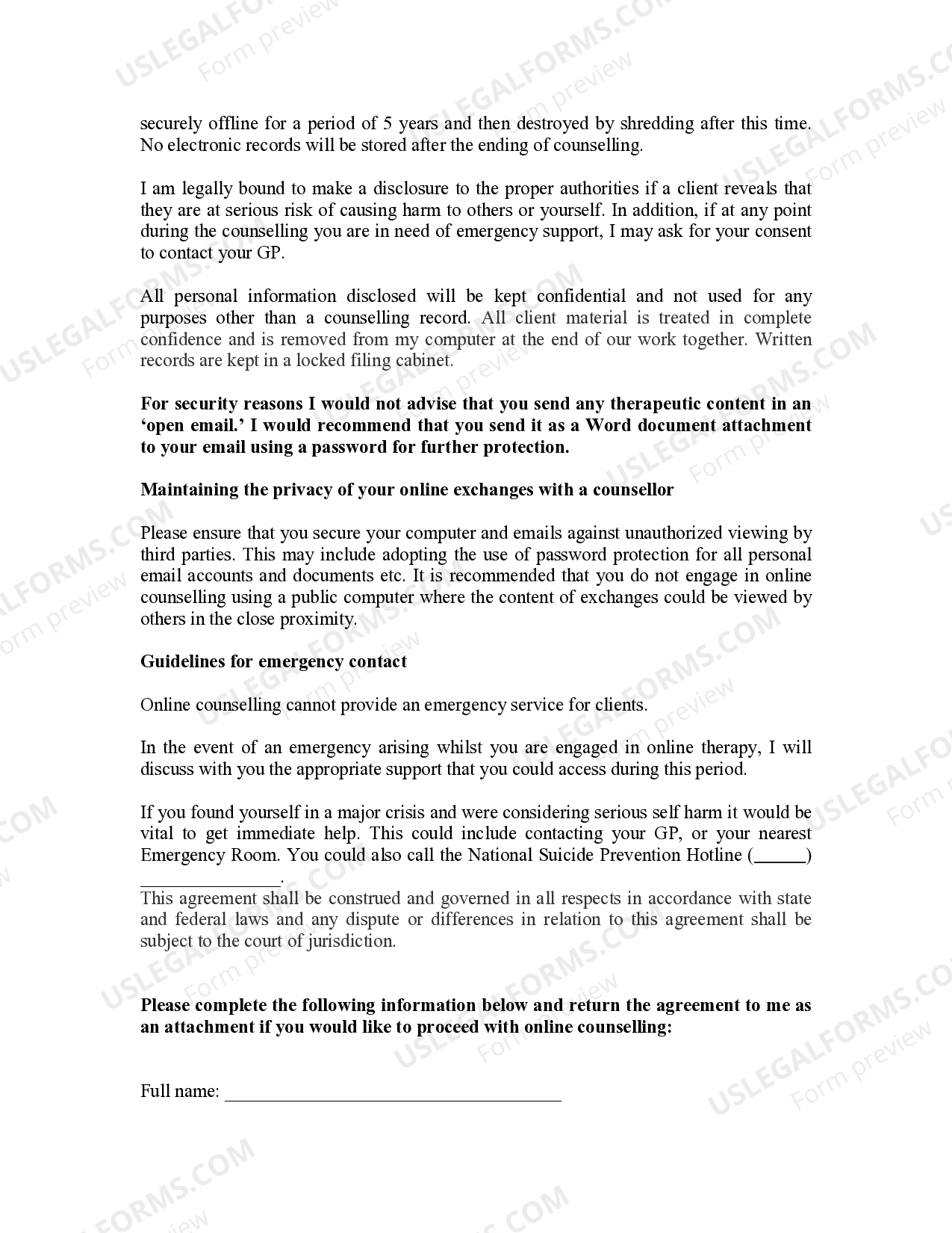 Online Counseling Agreement - Short Form | US Legal Forms